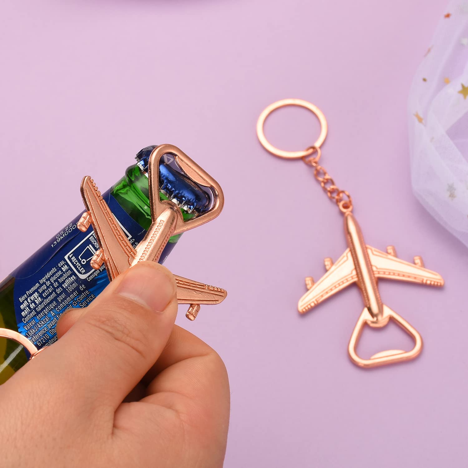 Winocbxt 50PCS AirplaneRose Gold Bottle Opener Keychains for Wedding or Bridla Shower Favors, Gifts, Souvenirs to Guests Bluk