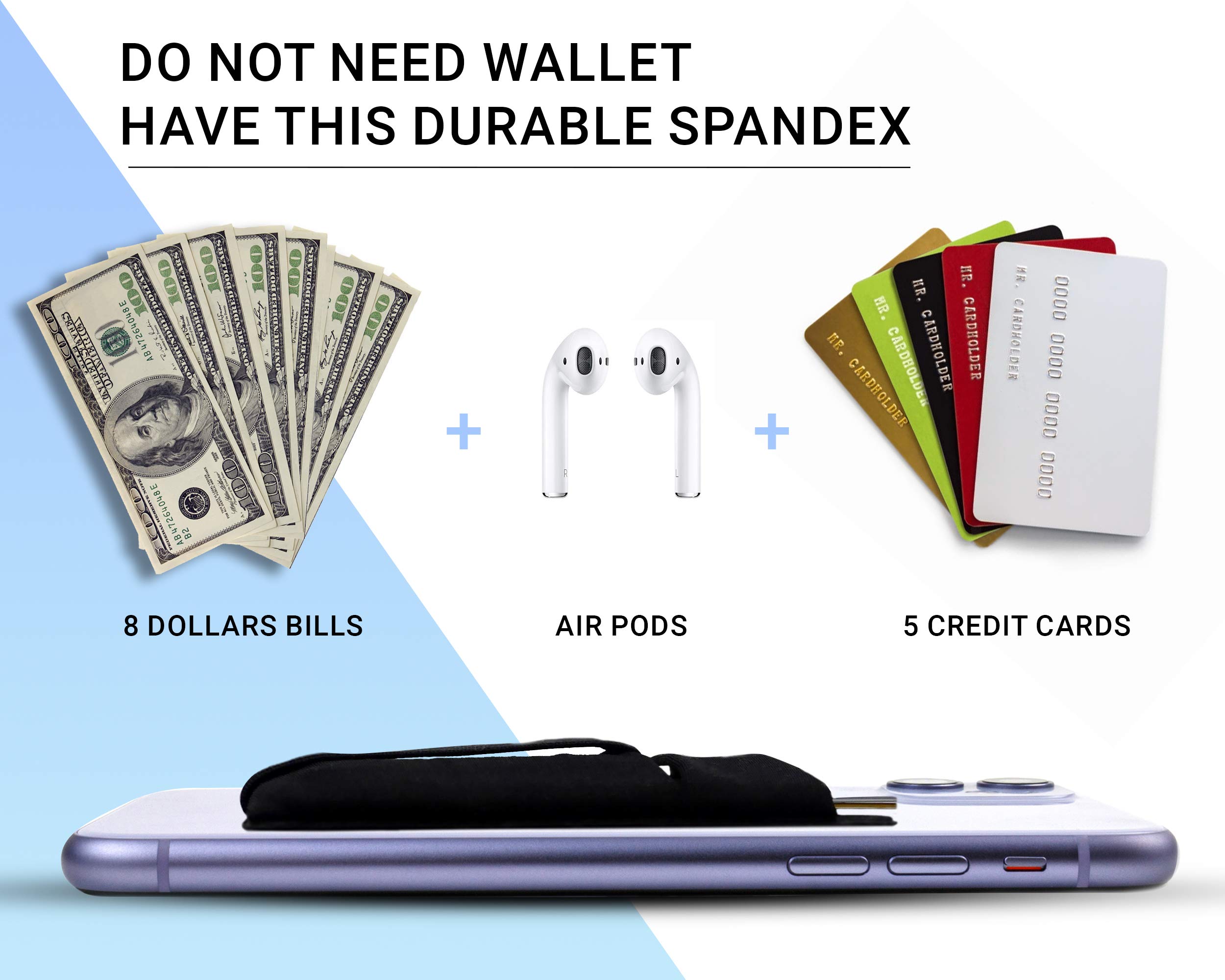 polifall Cell Phone Card Holder Stick On Wallet Sleeve Back - Double Pocket + Finger Grip Strap Loop + Metal Plate for Magnet Mount + RFID Block for iPhone, Galaxy, Android, Mobile - Black