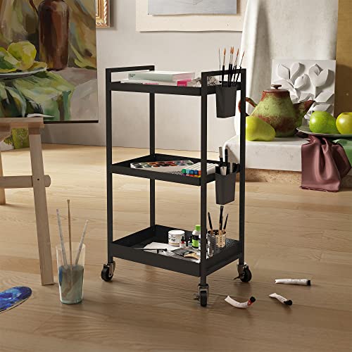STEEHOOM 3 Tier Utility Rolling Cart, Metal Rolling Storage Cart with Locking Wheels Kitchen Cart with 2 Small Hanging Cups for Bathroom, Office, Balcony, Library, Living Room (Black)