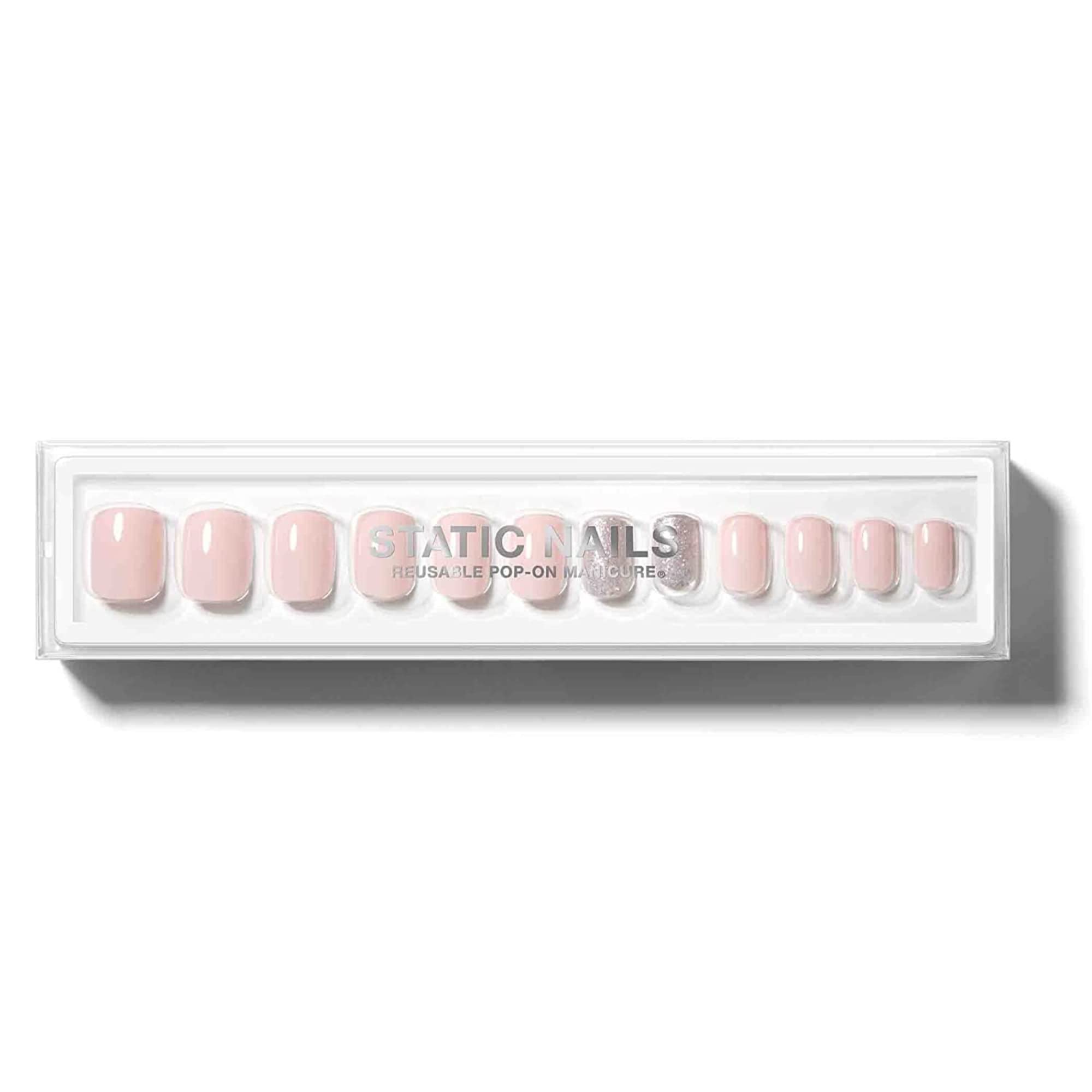 Static Nails Reusable Pop-On Manicure Set, Non-Damaging Glue-On Nails (Ballerina Square) - False Nails with Static Nail Glue, Nail Set, Fake Acrylic Press On Nails