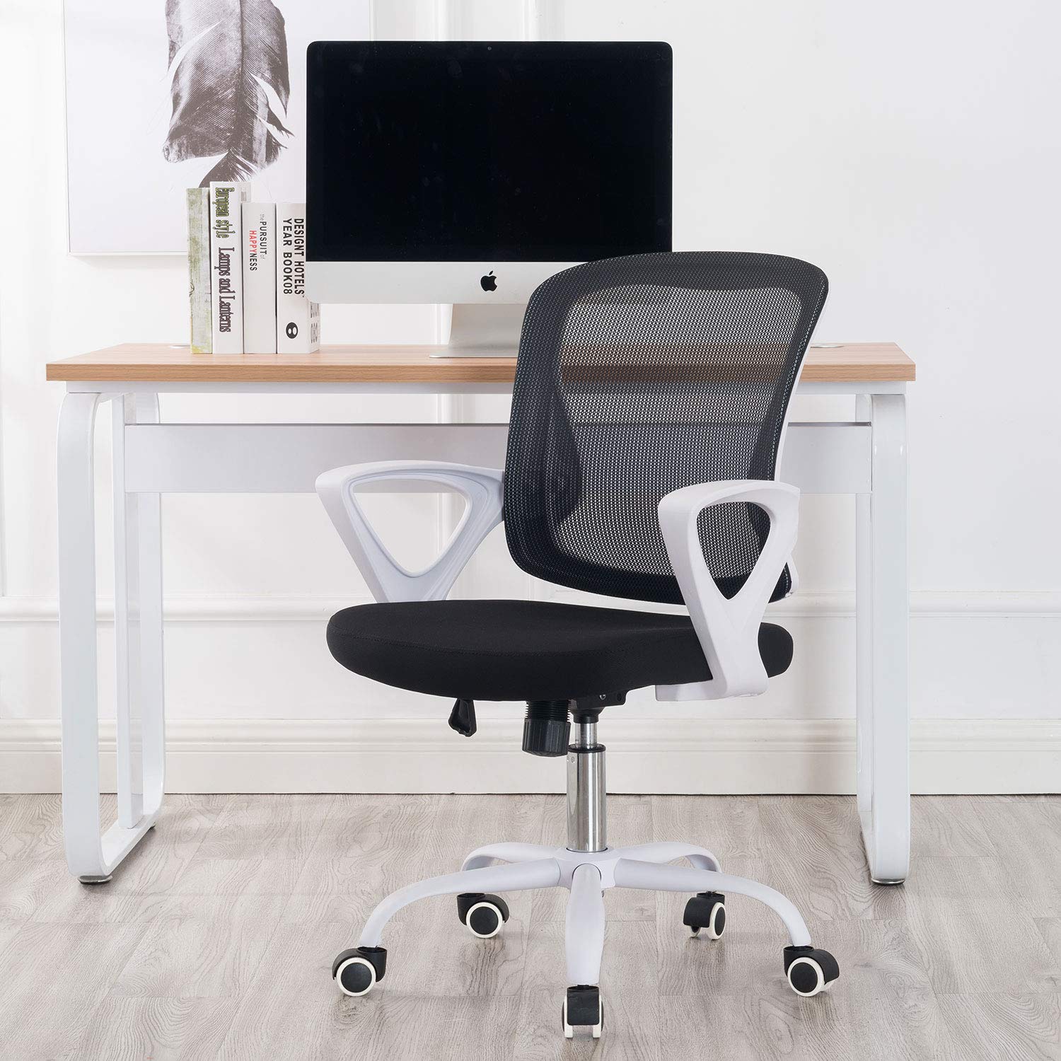 QY Office Chair Ergonomic Desk Chair with Arms & Adjustable Height Modern Mid Back Swivel Home Chair for Small Place, White