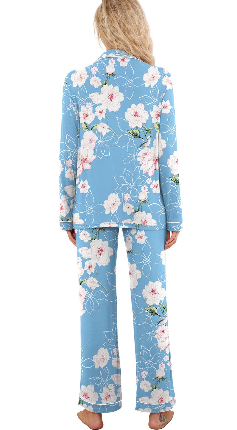 PrinStory Women's Pajamas Set Long Sleeve Sleepwear Casual Loungewear Soft Button Down Pjs Set with Pockets FP-Light Blue-Large