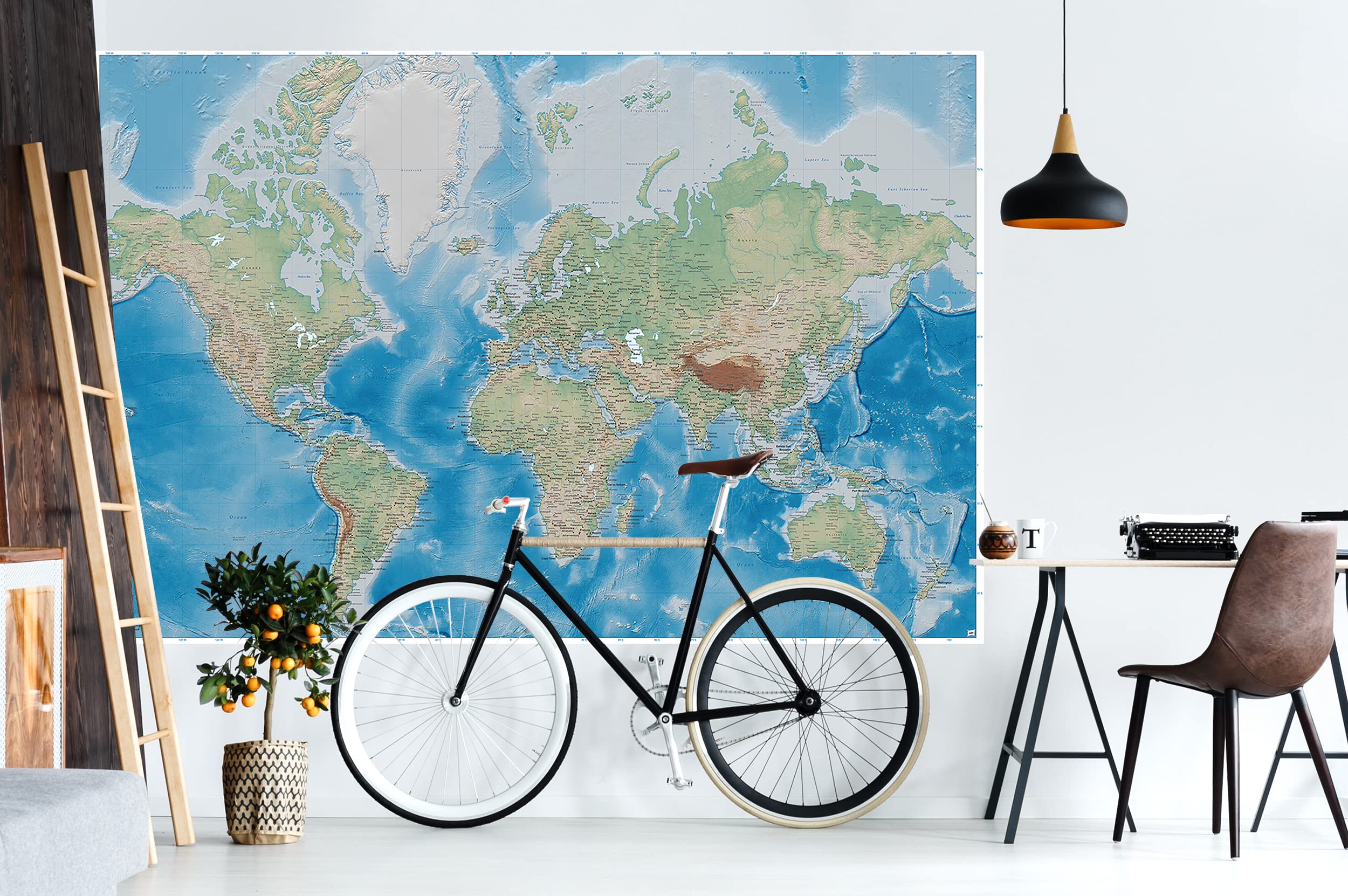 Photo Wallpaper β Modern World Map β Picture Decoration Miller Projection Plastically Relief Design Earth Atlas Globe Continents Image Decor Wall Mural (82.7x55.1in - 210x140cm)