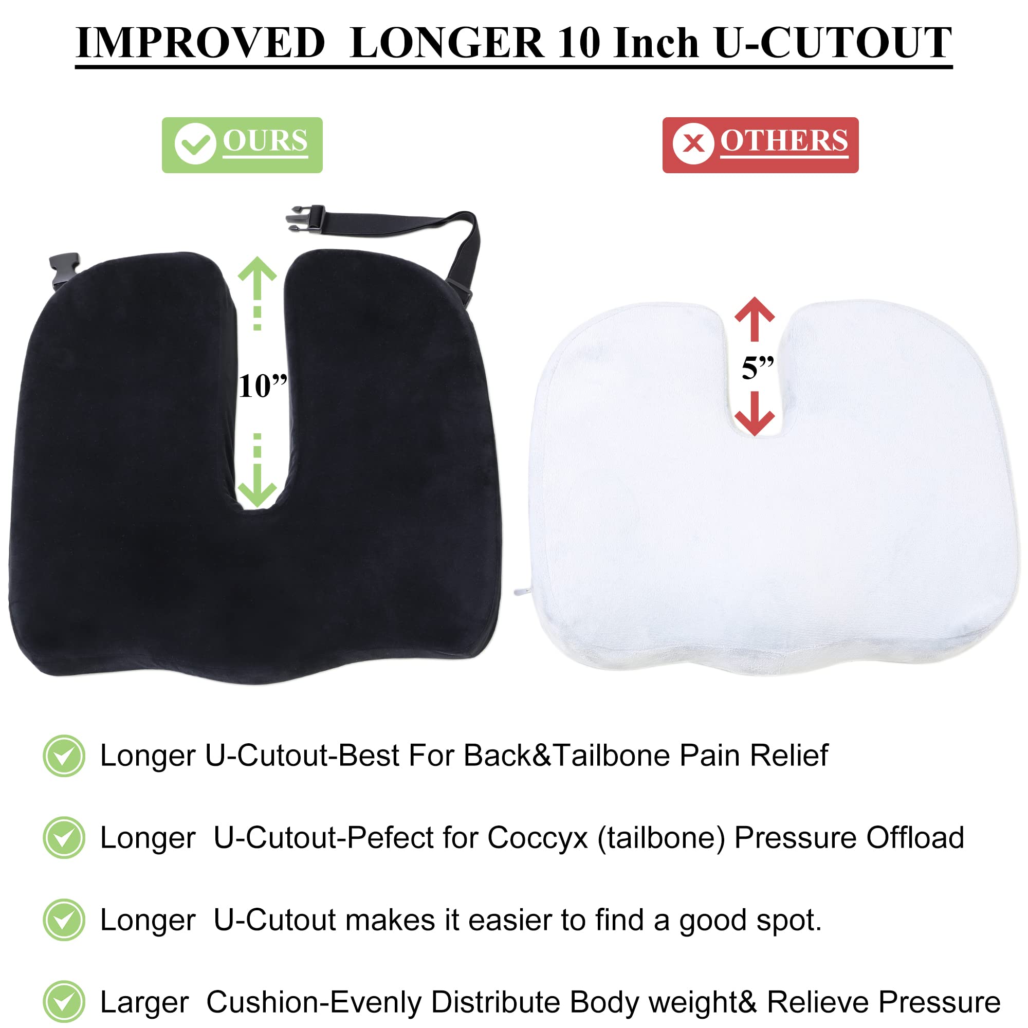Upgraded Coccyx Cushion for Tailbone Pain-Longer 10 Inch U-Cutout,Memory Foam Seat Cushion for Tailbone Pain Relief,Suitable for Office Chair,Car Seat,Computer Desk Sciatica & Back Pain Relief Pad
