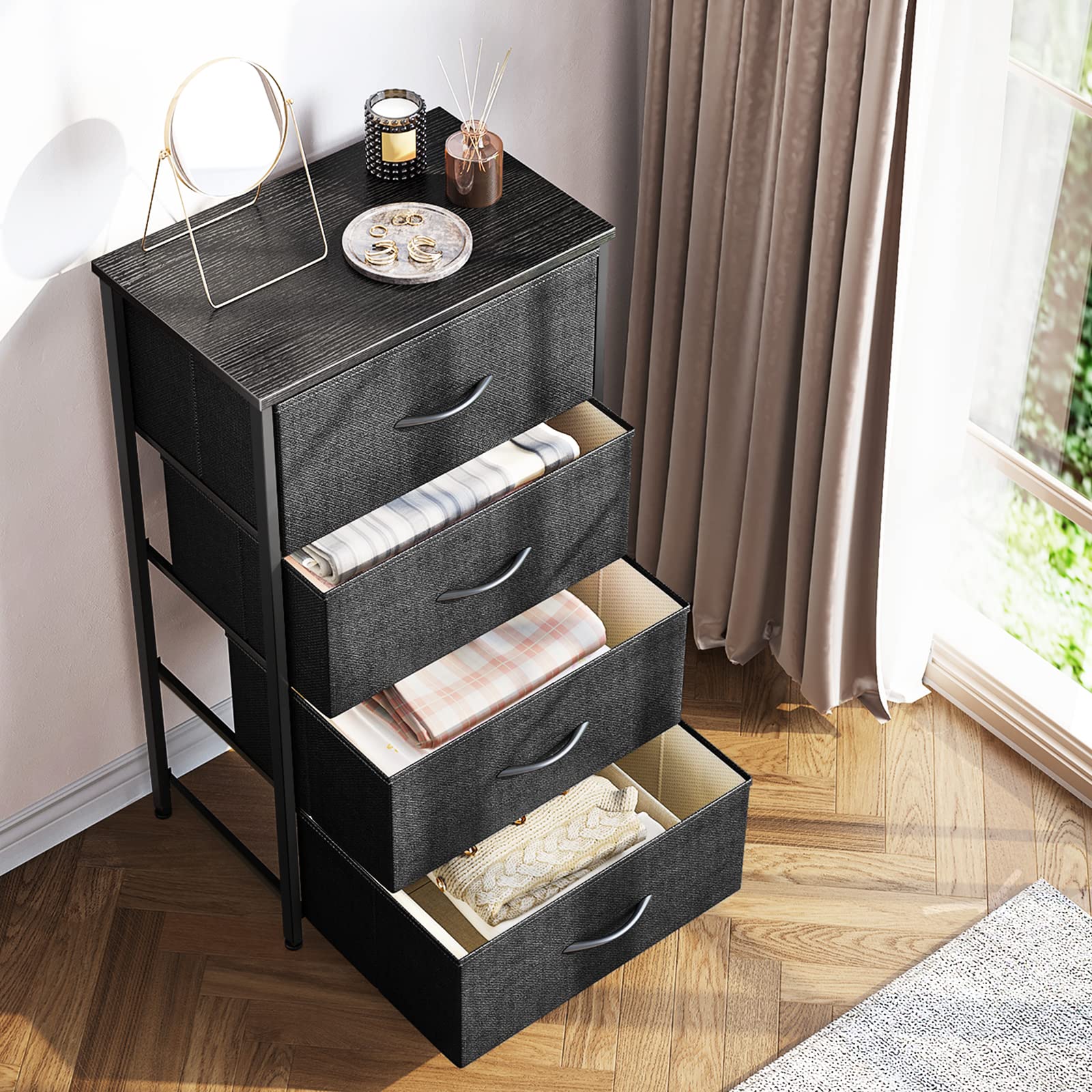 ODK L Shaped Gaming Desk with 4 Drawer Storage Cabinet Dresser, Black Carbon Fiber Computer Desk and Black Dresser