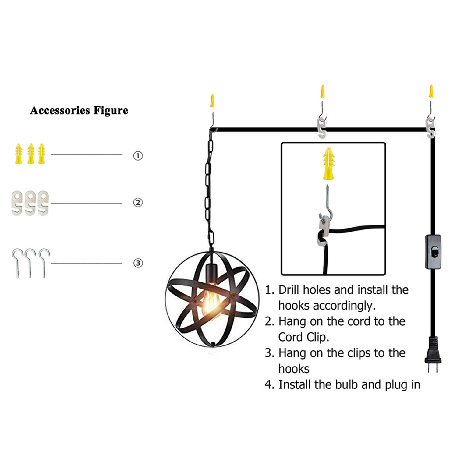 Pendant Light, Tomshine Plug in Hanging Light,Rustic Metal Chandelier Light Fixture for Kitchen Dining Room Farmhouse