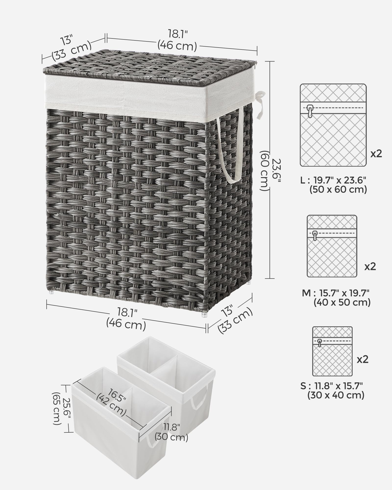 SONGMICS Laundry Hamper with Lid, 90L Clothes Hamper with 2 Removable Liner Bags, 6 Mesh Bags, Wicker Laundry Basket, Double Laundry Hamper for Bathroom, 13 x 18.1 x 23.6 Inches, Gray ULCB251G01V1