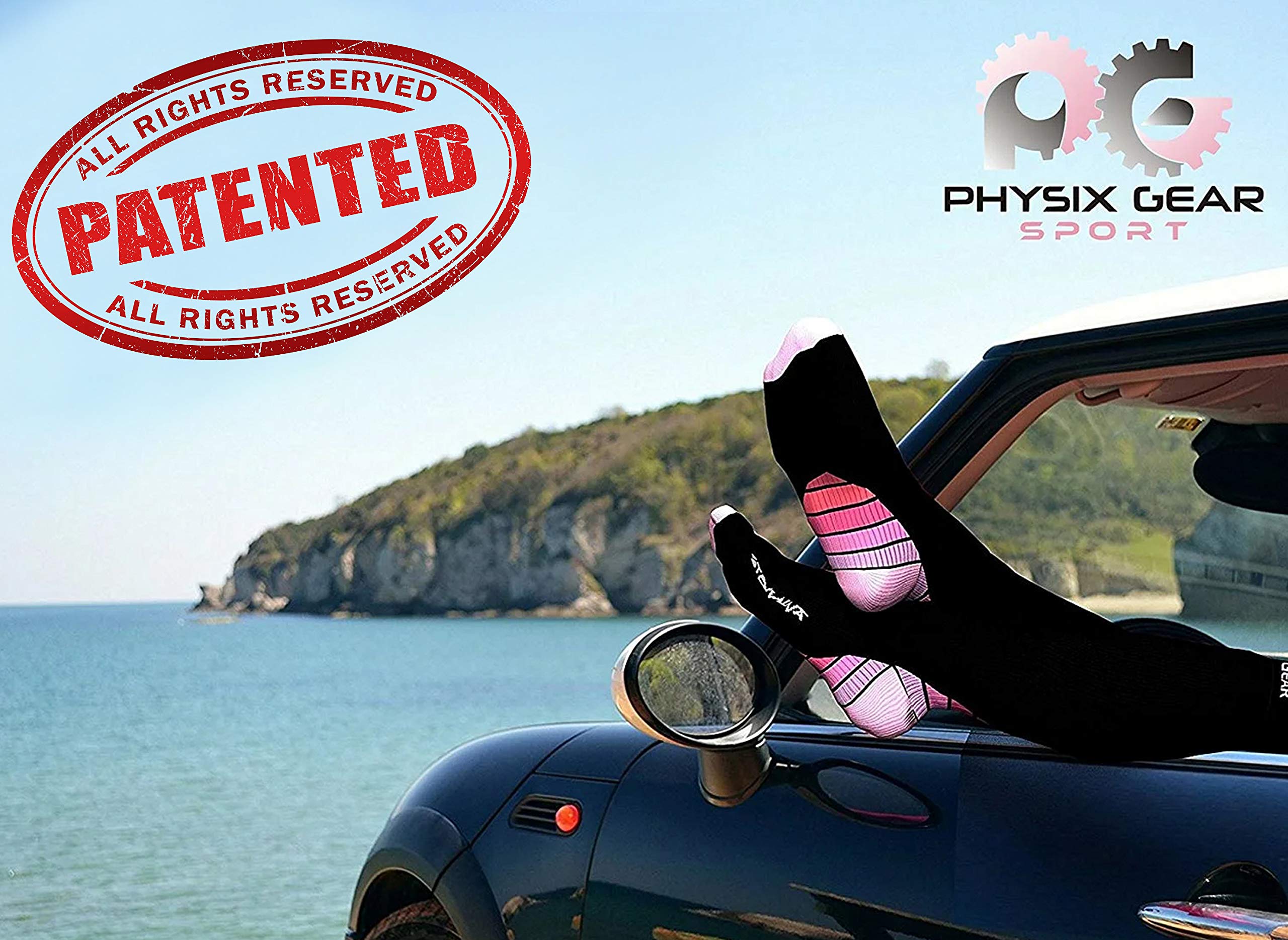 Physix Gear Compression Socks 20-30 mmHg - Men & Women - Running, Nurses, Shin Splints, Flight, Travel (BLACK / PINK-L/XL)