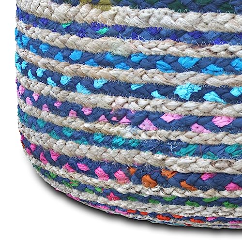 SIMPLIHOME Margo 20 Inch Wide Boho Round Pouf in Blue Braided Jute, for The Living Room, Bedroom and Kids Room