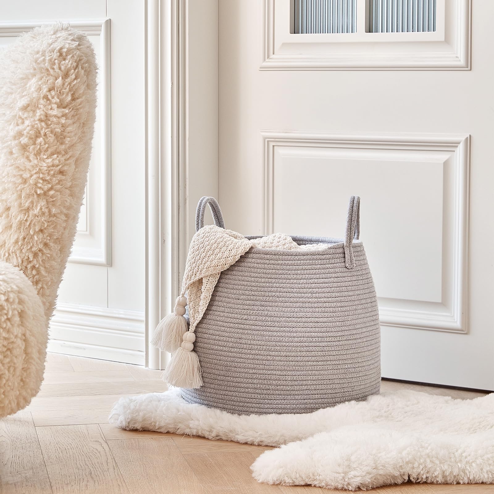 R RUNKA Nursery Laundry Basket | Kids Hamper for Blankets, Pillows,Toys (15"x 13")| Baby Toy Basket | Nursery Storage for Boho Room Decor | Ideal Gift for Baby Showers| Grey