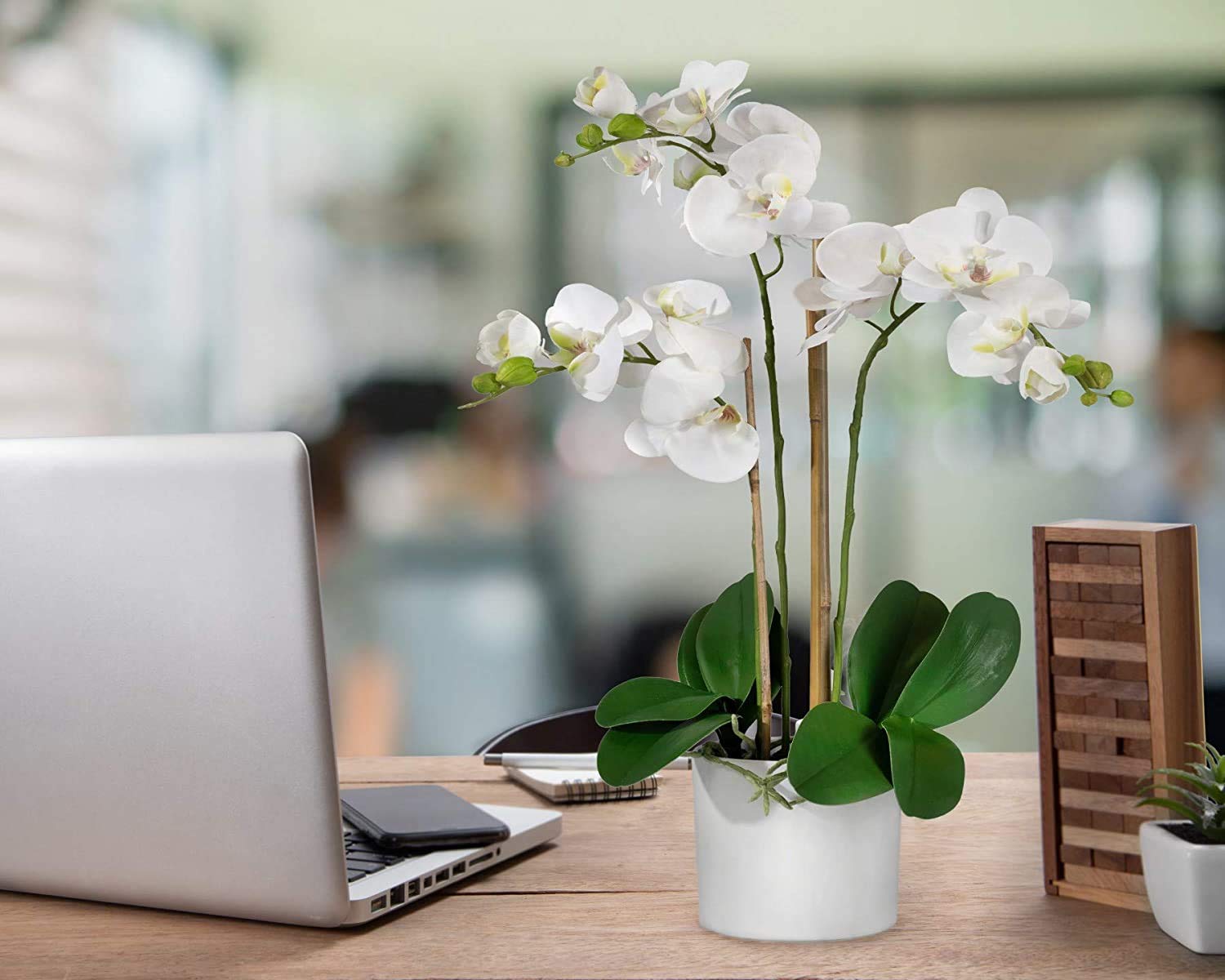 Serene Spaces Living 3 White Realistic Phalaenopsis Orchids in Pot, Artificial Potted Flowers - Beautiful Entryway Vase, Foyer Table Décor, Measures 26" Tall & 5" Diameter