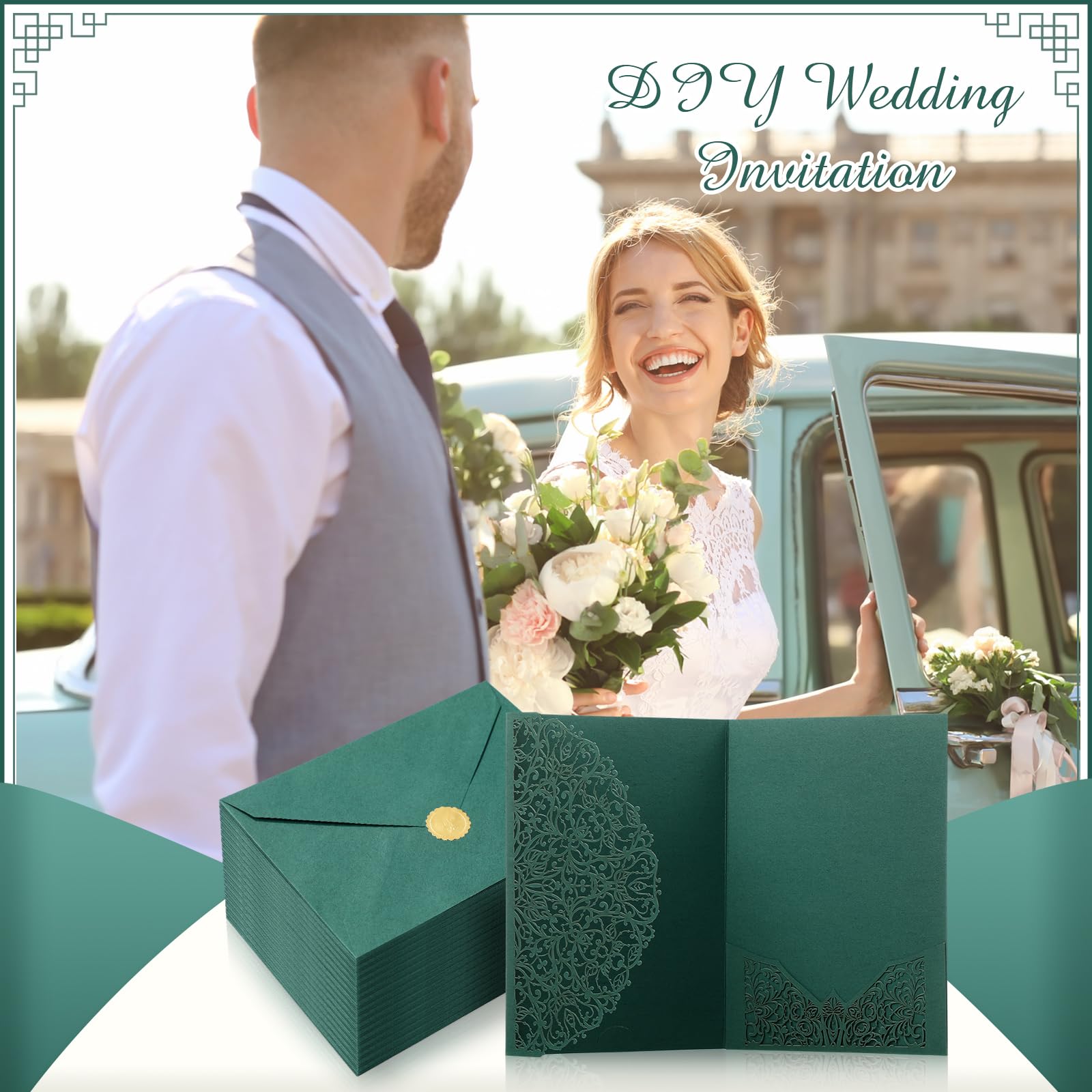 PerKoop 100 Set 5 x 7 Laser Cut Wedding Invitations with Envelopes and Wax Seal Stickers Pocket Wedding Invitation Cards Blank Invitation Kit for Wedding Bridal Shower Engagement Invite (Dark Green)
