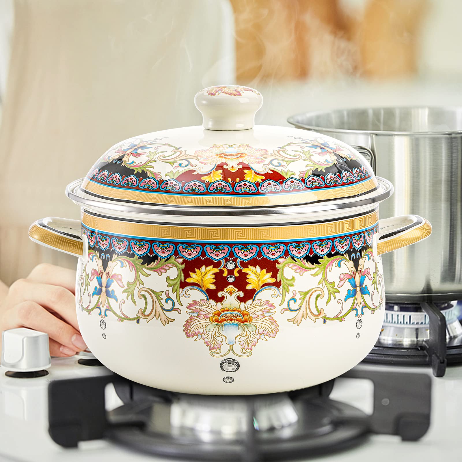ZENFUN Kitchen Enamel Stockpot with Lid, 4.5 Quart Retro Flower Stew Bean Cooking Pot, Vintage Thicken Soup Pot with Handles, Nonstick, Safe for Induction Cookers, Gas Stove