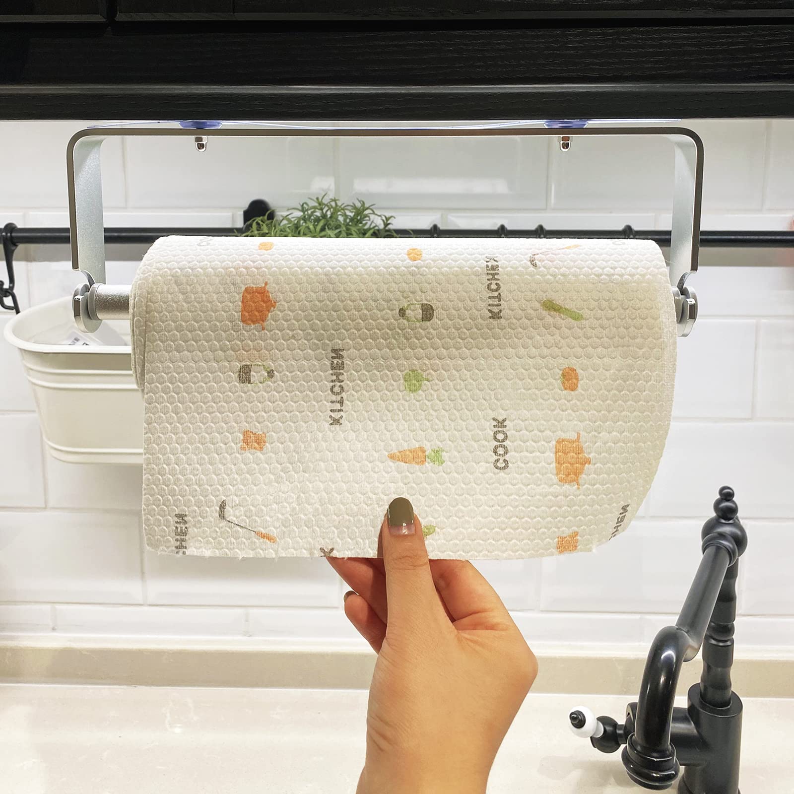 URALFA Adhesive Paper Towel Holder Under Cabinet, Paper Towel Rack Self-Adhesive or Drilling Wall Mounted for Kitchen Towels Holder, Paper Roll Holder for Bathroom, Kitchen, Pantry, Sink (Silver)