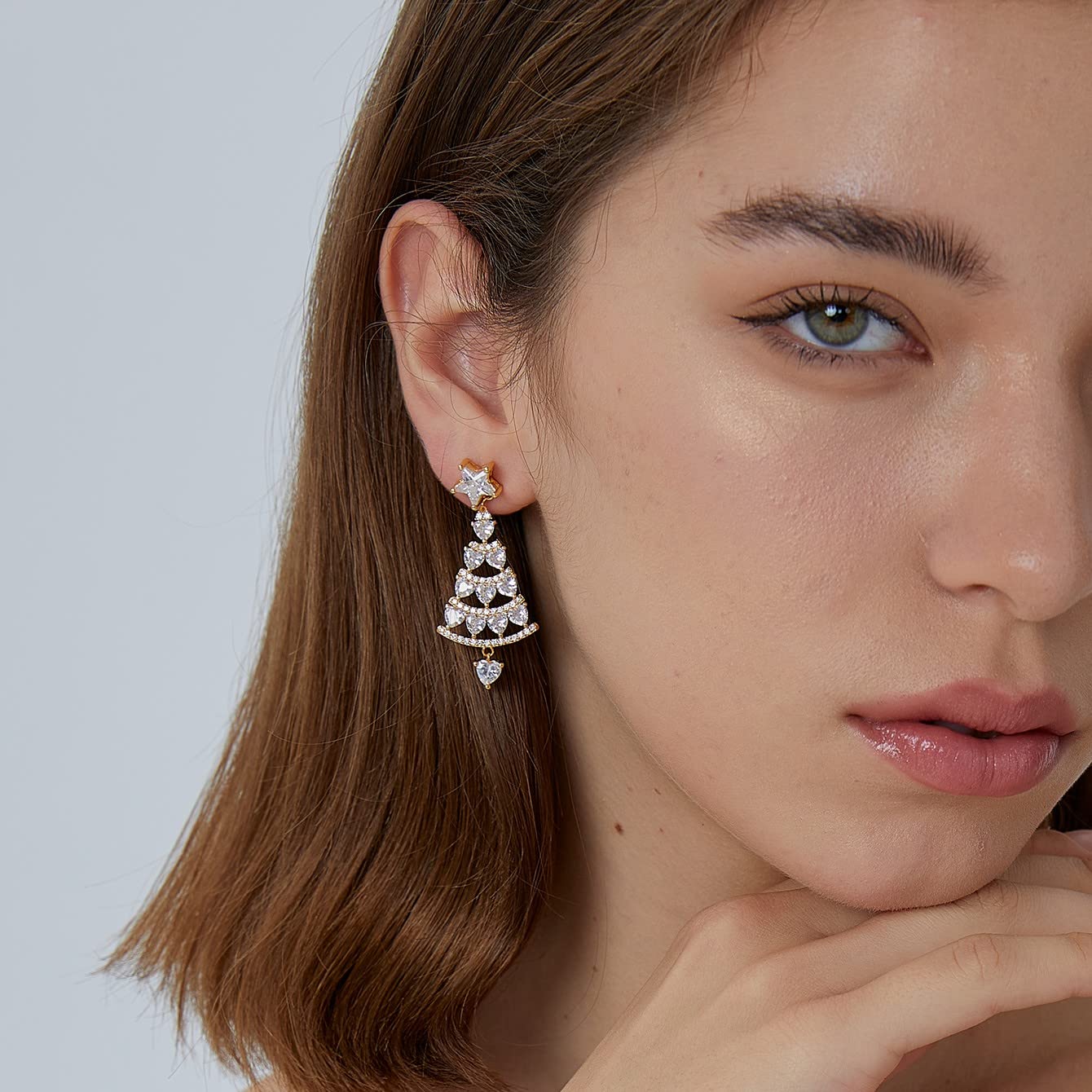 PICKBEAU Tassel Crystal Christmas Tree Hoops for Women 925 Silver Post Rhinestone Xmas Drop Earrings for Christmas Party Favors