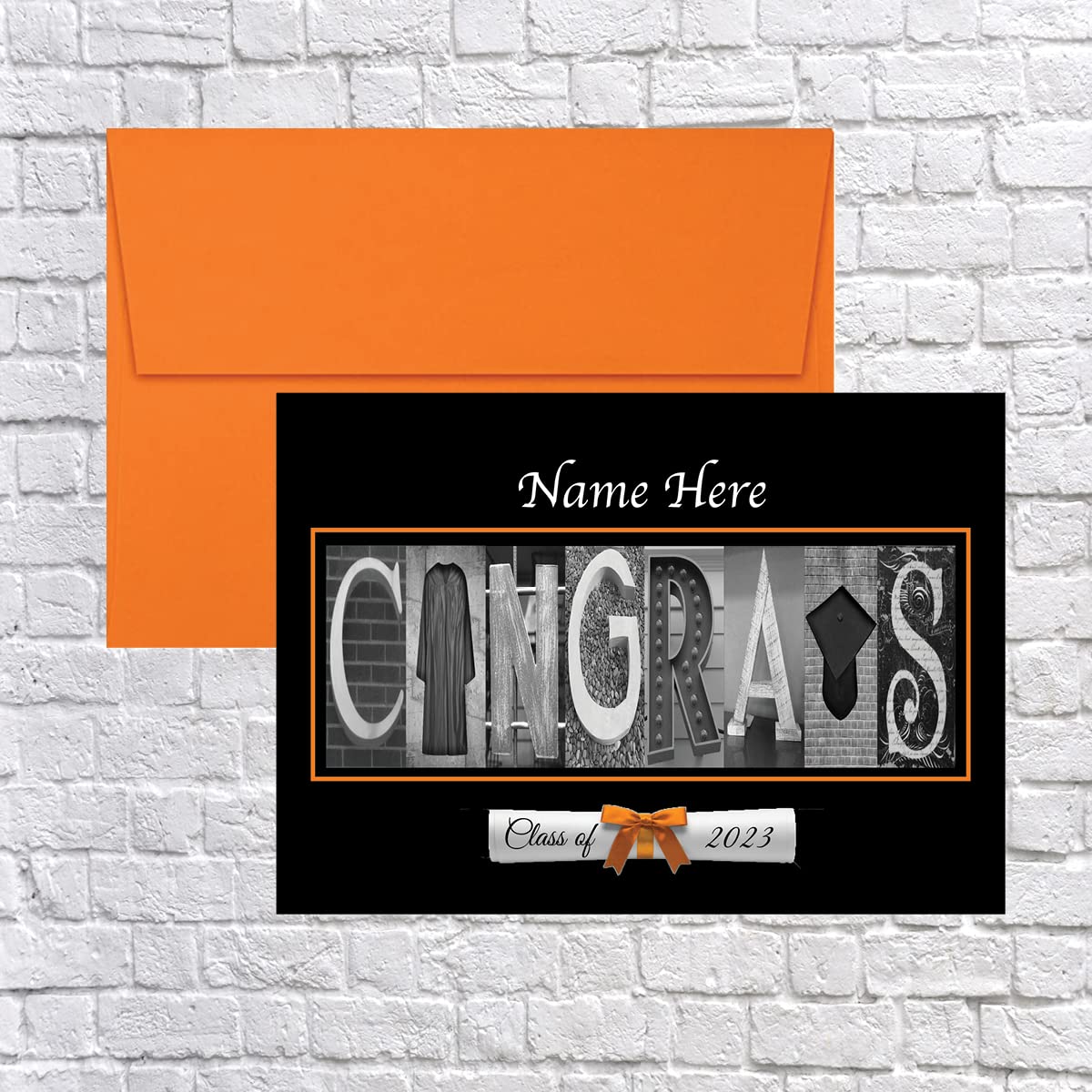 Personalized Congrats Class of 2023, 2024, Graduation Cards, 5"x7" Flat or Folded Card choice envelope color,Custom Grad, Elegant, Letter Art, Scroll, School Color, College (Orange)
