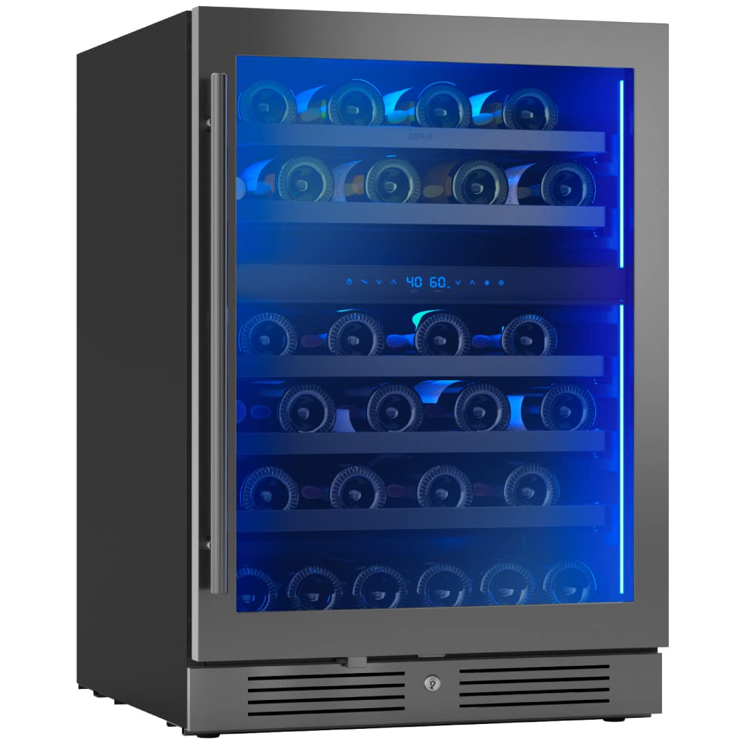 Zephyr Presrv 24" Wine Fridge Dual Zone Under Counter - Countertop Mini Wine Cooler Cellars Small Cabinet Wine Refrigerator Home Bar Chiller Freestanding with French Glass Door Black, 45 Bottles 750ml