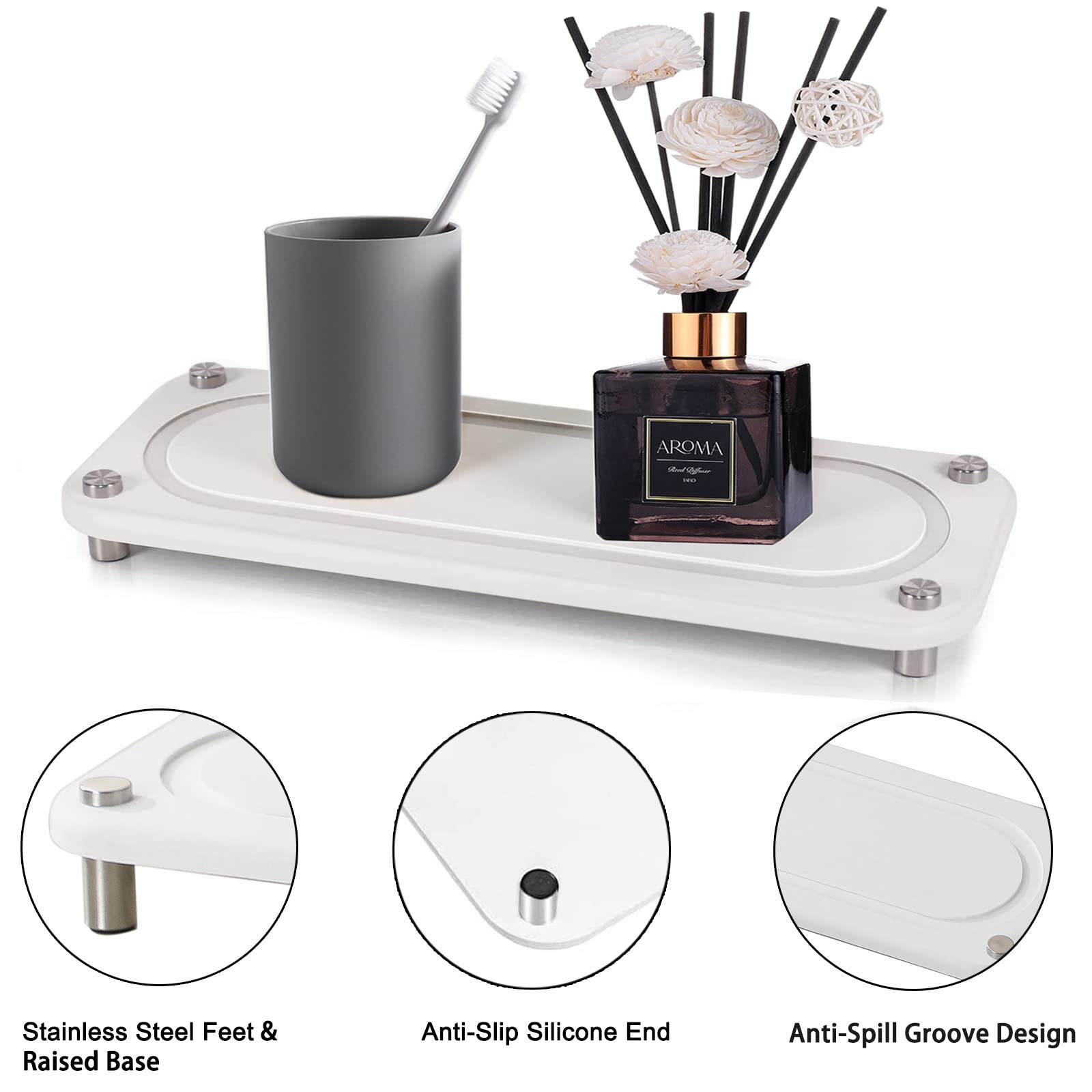 Sink Caddy, Tingtio Instant Dry Kitchen Sink Organizer Sponge Holder Bathroom Countertop tray Diatomaceous Pedestal Stand Riser with Stainless Steel Feet and Rubber Bottom White