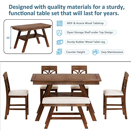 Prohon 6-Piece Rectangular Table with 4 Chairs and Bench, Classic Highly Comfortable Backrest, Solid Wood Dining Furniture Set for Kitchen/Living Room/Apartments, Walnut+Beige