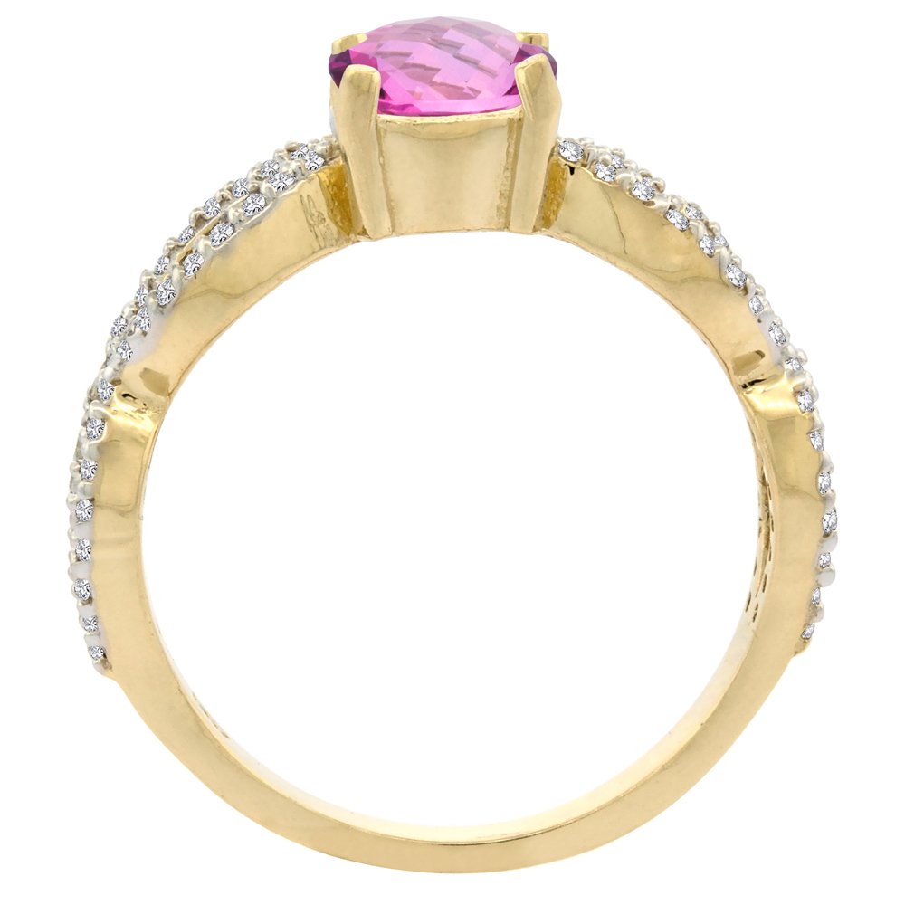 PIERA 10K Yellow Gold Natural Pink Topaz Ring Round 6mm Infinity Diamond Accents, size 6