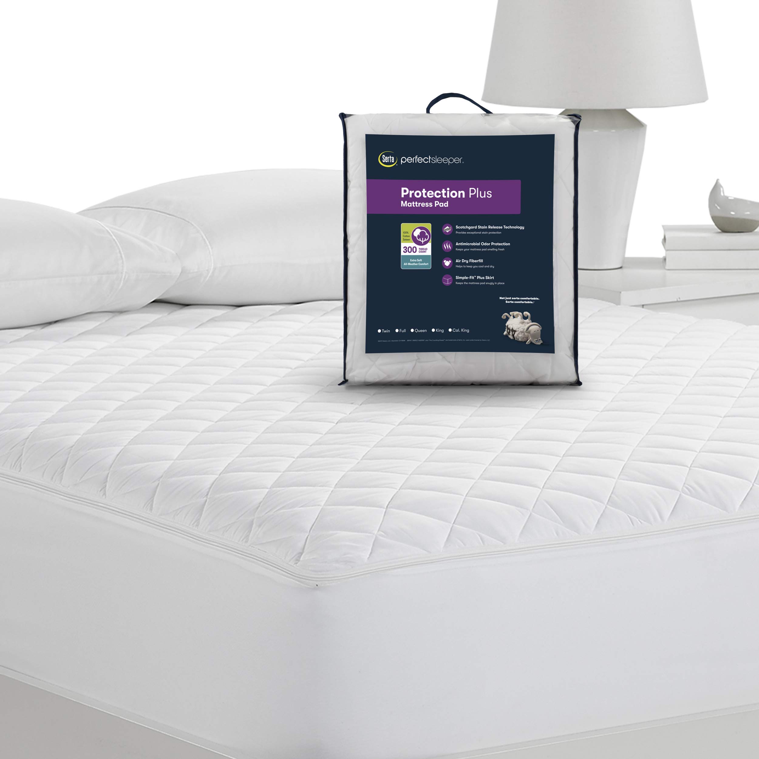 Serta Protection Plus Fiber Fill Cooling Fitted Mattress Pad Cover, King, White