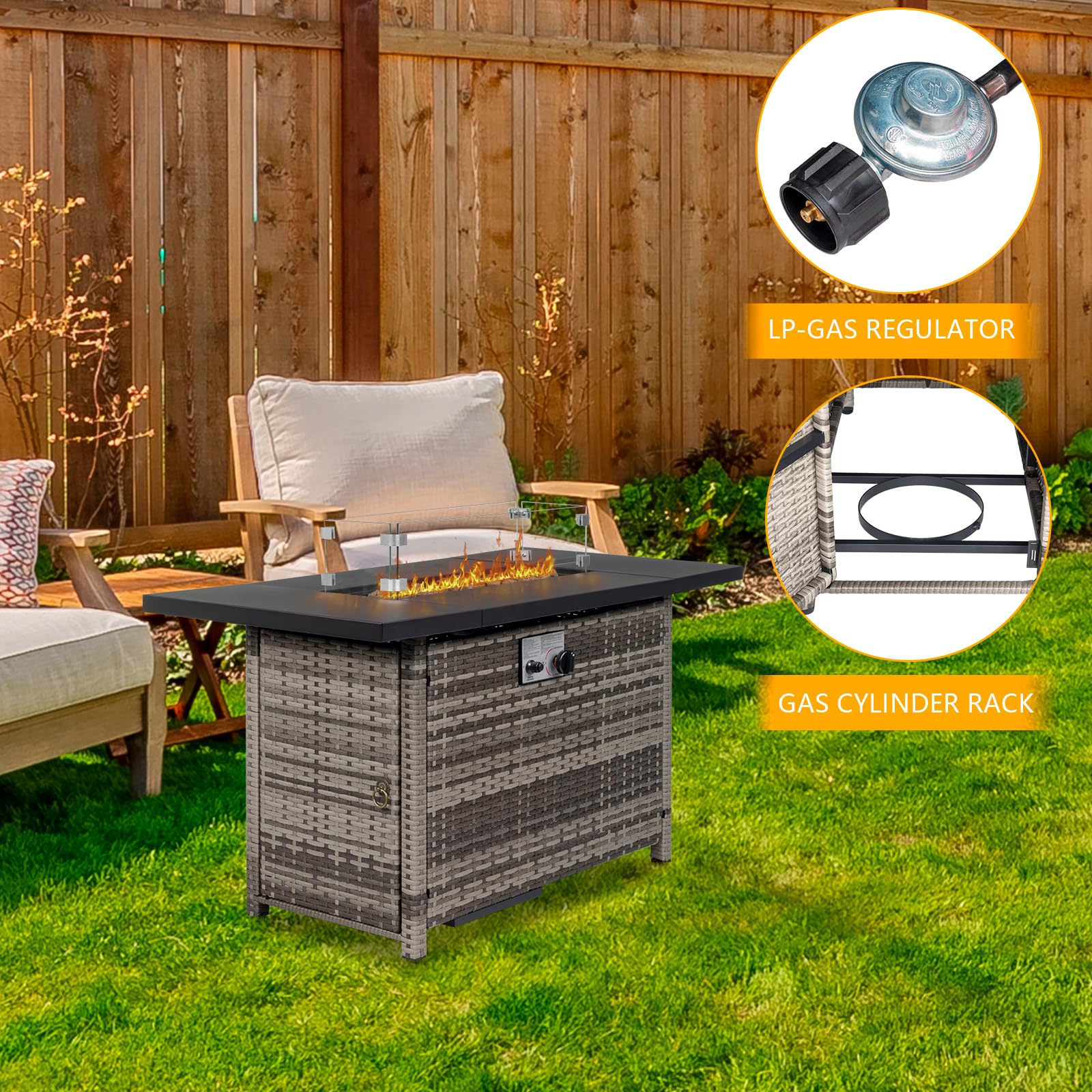 Propane Fire Pit Table, Outdoor Fire Table Rectangle 50000 BTU, 43 Inch Gas Fire Pit for Outside Patio with ETL-Certified, Auto Ignition, Aluminum Tabletop, Glass Wind Guard, Cover, Gray Wicker