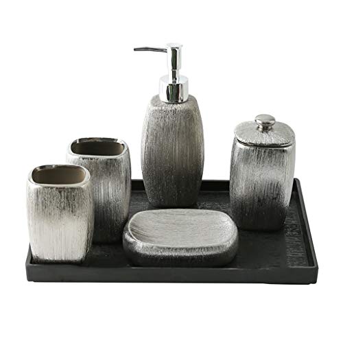 Soap Dispenser 6-Piece Bathroom Accessory Set Luxury Electroplated Silver Ceramic Soap Dispenser Set Includes: Lotion Dispenser, Cotton Swab Bottle, Tray, Tumbler and Soap Dish Soap Dispenser for Bath