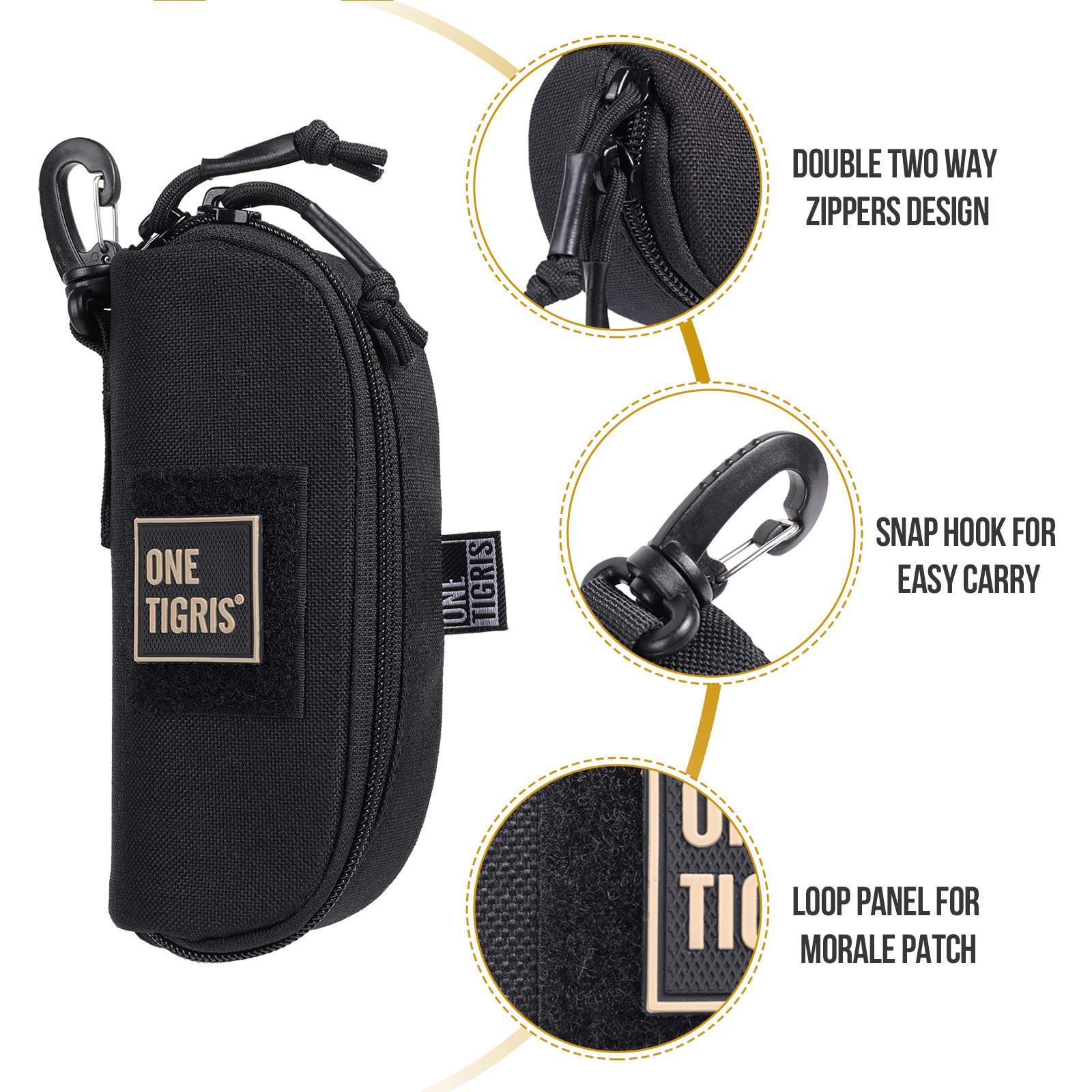 OneTigris Eyeglasses Hard Case Tactical Molle Zipper Sunglasses Carrying Case 1000D Nylon with Clip (Black)