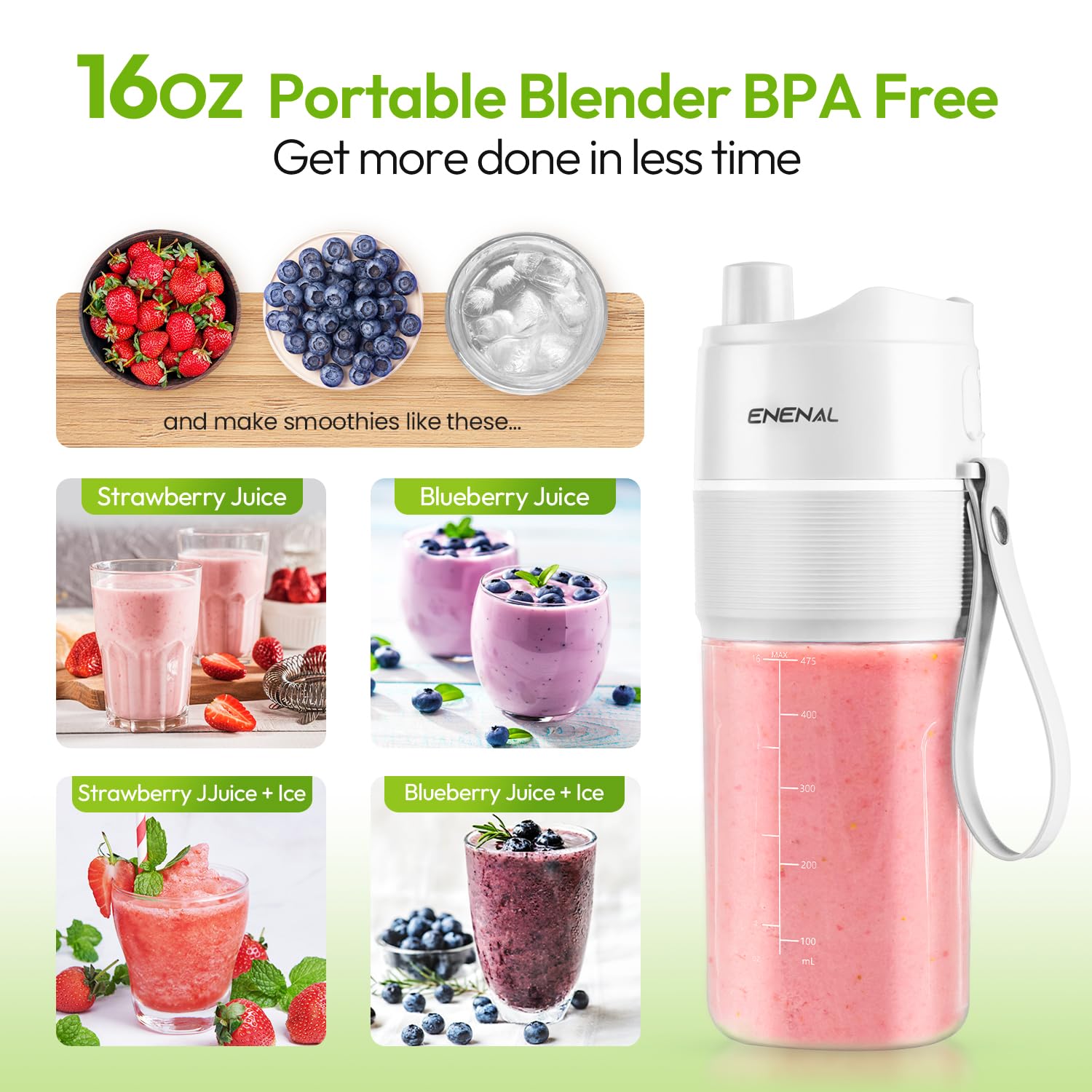 Personal Size Blender, Enenal Portable Blenders Smoothies and Shakes 5000mAh Battery, 16oz Mini Blender USB Rechargeable, Handheld Blender BPA-Free Fruit Smoothie Juicer Cup