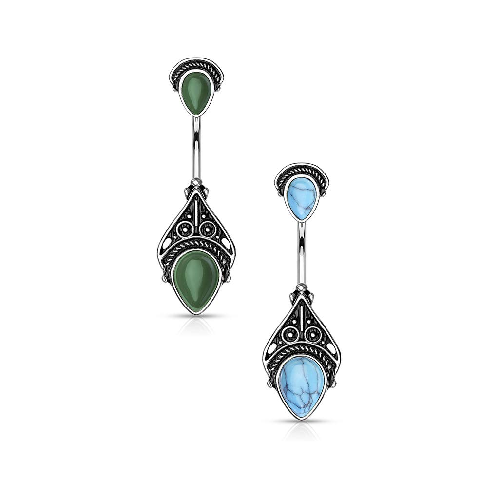 Pierced Owl Double Semi Precious Stone Vintage Filigree Stainless Steel Belly Button Navel Ring (Turquoise)