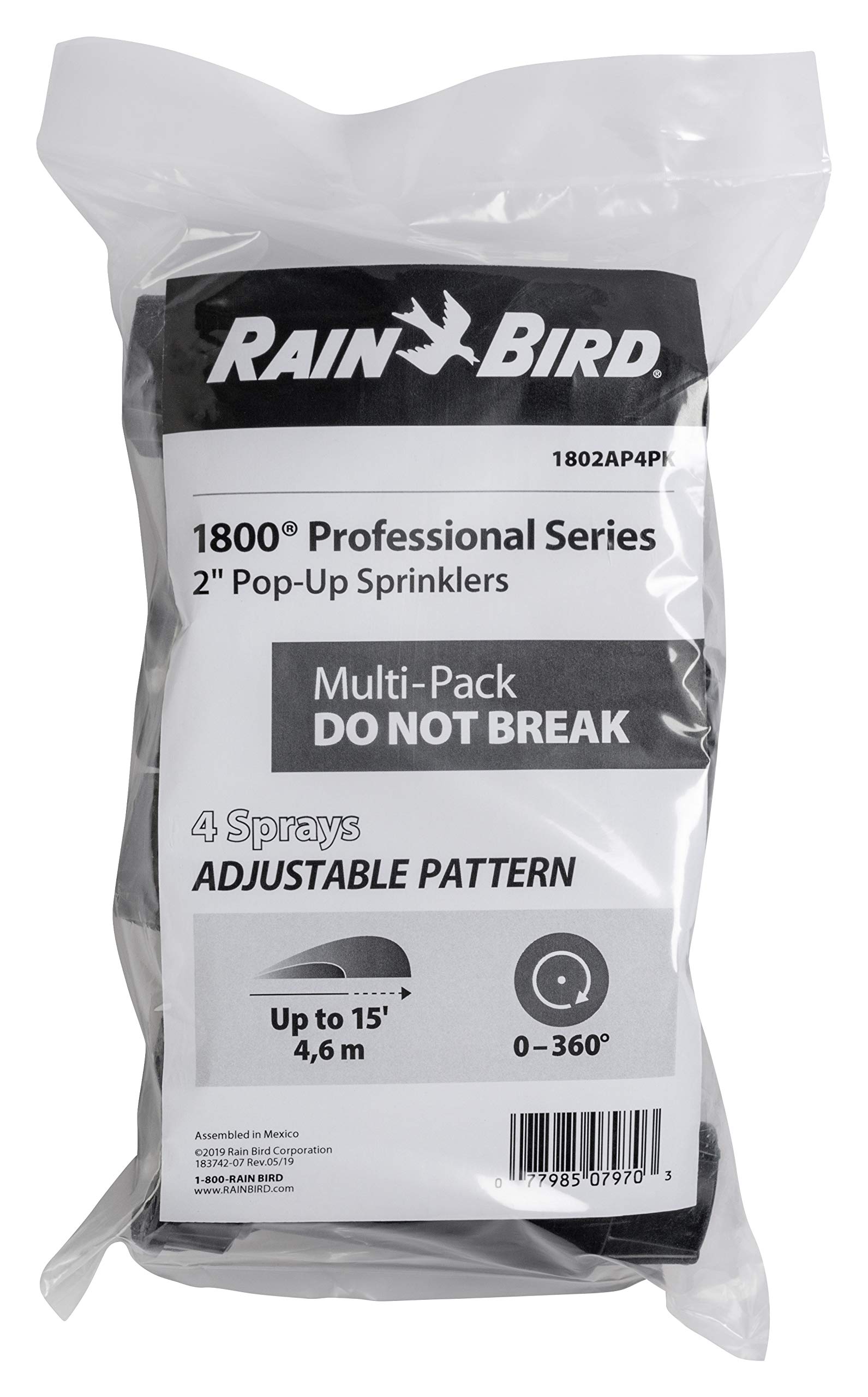 Rain Bird 1802AP4PK Professional Pop-Up Sprinkler, Adjustable 0 - 360° Pattern, 8' - 15' Spray Distance, 2" Pop-up Height, 4-Pack