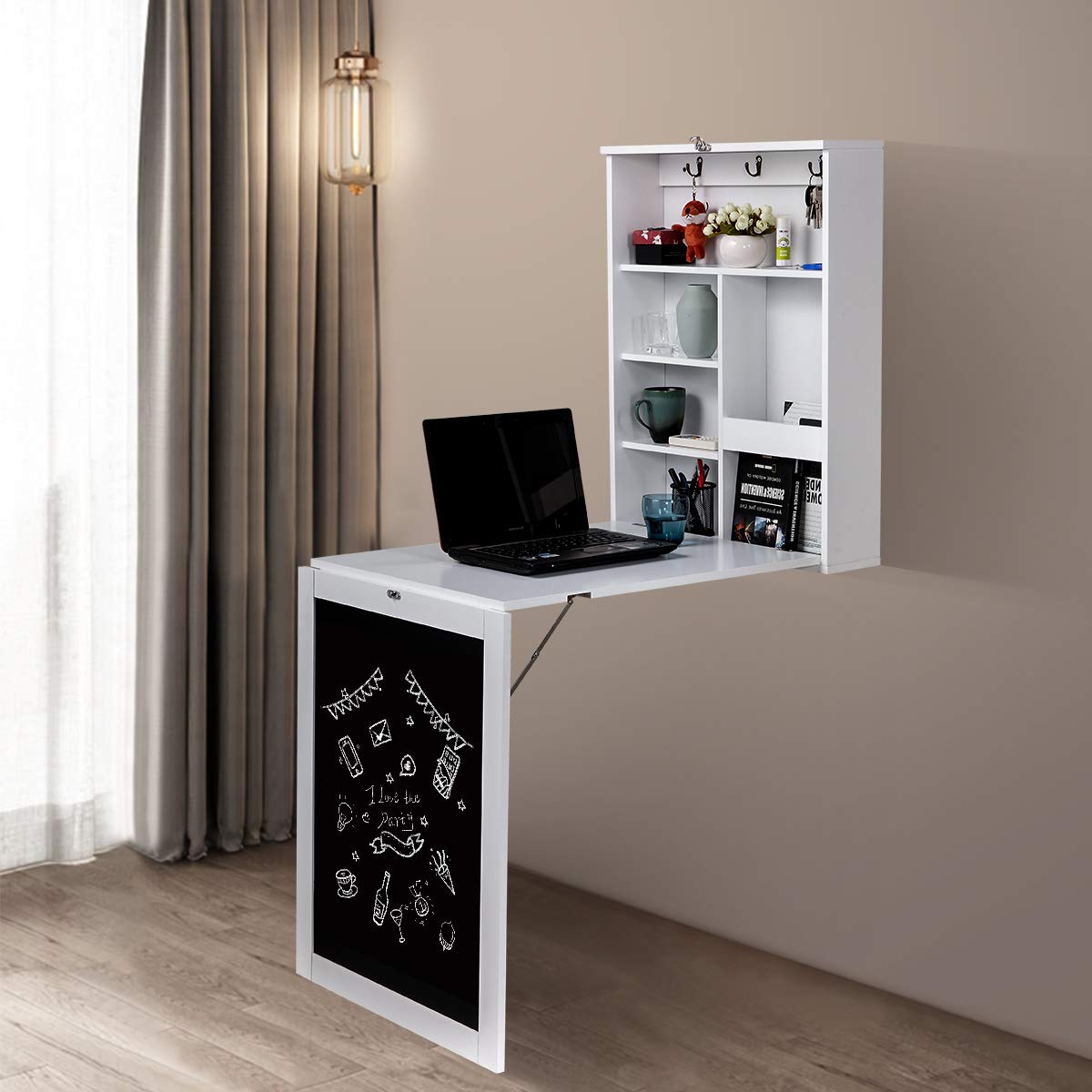 Sandinrayli Wall Mounted Fold Out Computer Laptop Desk with Storage Bookcase & Chalkboard, Convertible Writing Desk, Home Office Furniture, White + Black