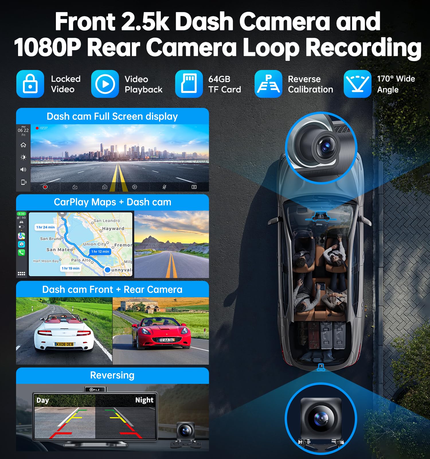 PLZ 9.3" Wireless Apple Carplay Stereo Screen, Portable Plug in Car Play Android Auto Touchscreen, Car Audio Receiver, 1080P Backup Camera, Bluetooth 5.3, FM Radio Transmitter, 2.5K Dash Camera