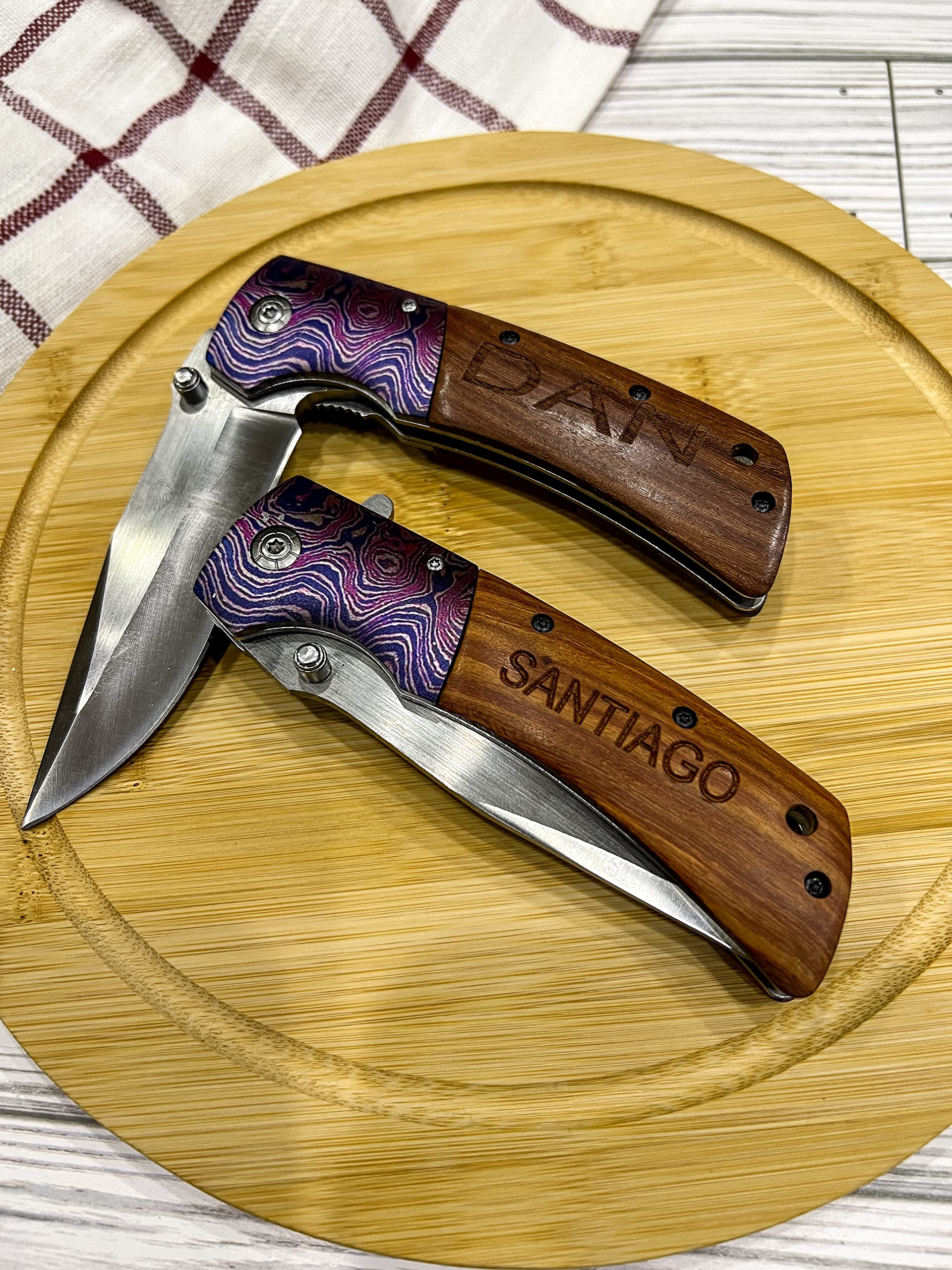 Personalized POCKET KNIFE Engraved Wood Folding Knive Stainless Steel l Standard Edge 5" Blade Wood Handle With Ultra-Secure & Comfortable Belt Clip Custom Gifts for Him Men Dad Boyfriend Father Husband Anniversary Groomsmen (Knife Engraved)