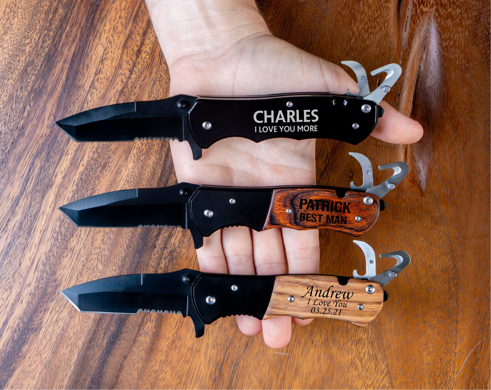 Personalized Pocket Knife For Men, Automatic Spring Assisted Tactical Switchblade Folding Knives With Belt Clip, Sharp Blades, Rosewood Custom Laser Engraved Gifts for Him, 1 Pc, EngraveMyMemories