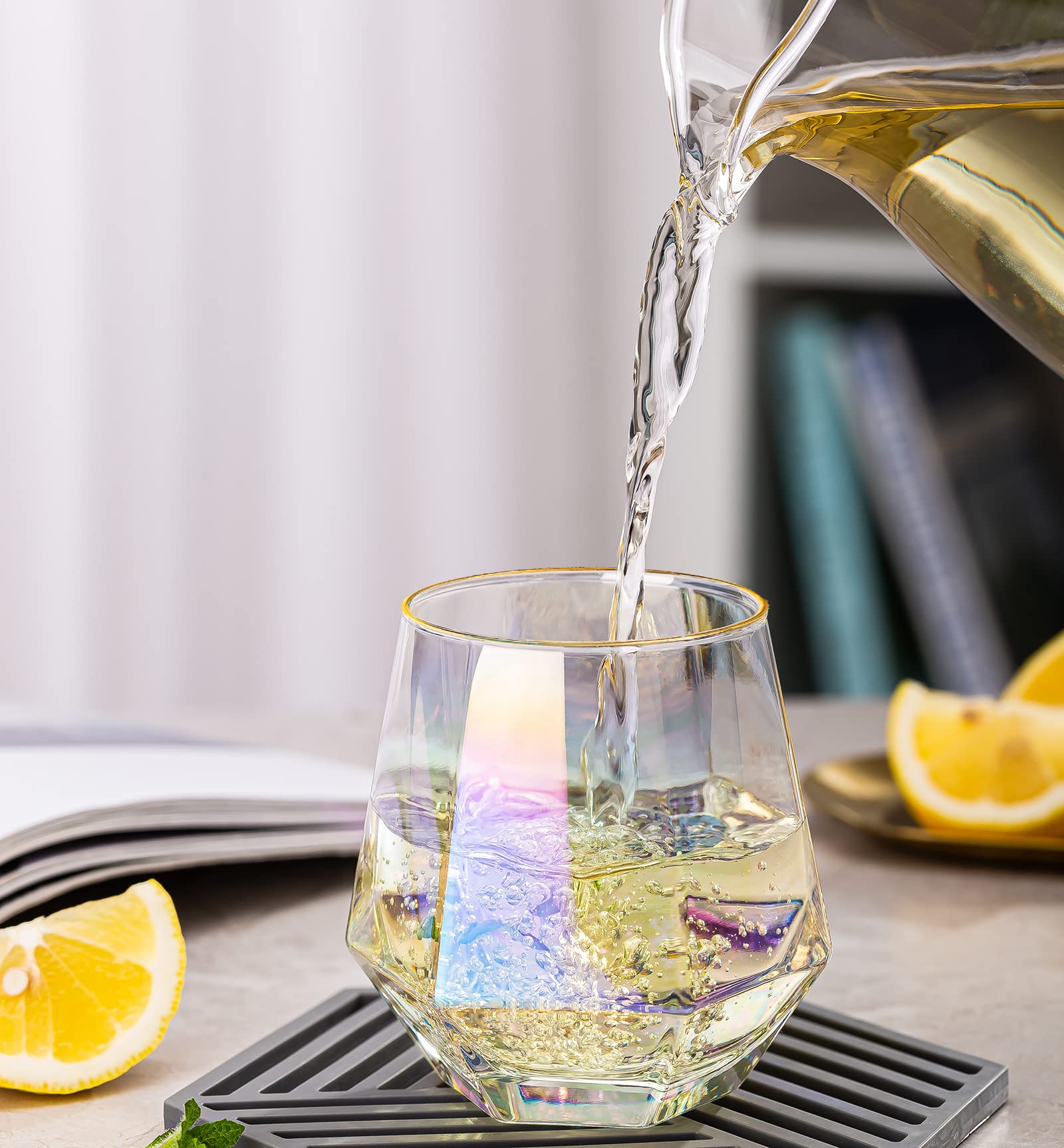 XKXKKE Diamond Wine Glass Set of 2, 10 OZ Modern Stemless Gold Rim Glass Cups Drinking Glassware for Serving Party,Home,Bar, Restaurants Colorful 2 Pack