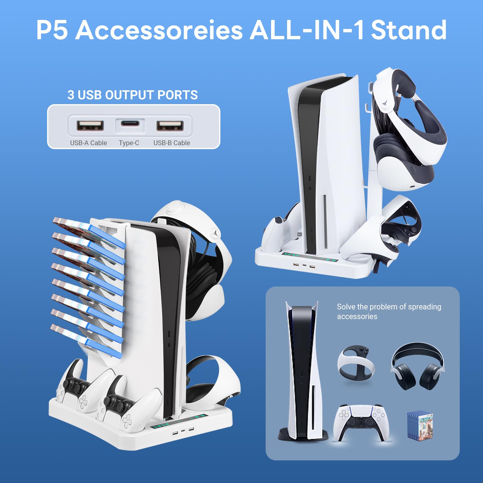 PS-5 Accessories Cooling Station, PSVR2 Charging Station for P5 Controller & PSVR 2, Play-station VR2 Headset Headphones Holder,8 Game Racks Storage,PS-5 Vertical Stand with Cooling Fan