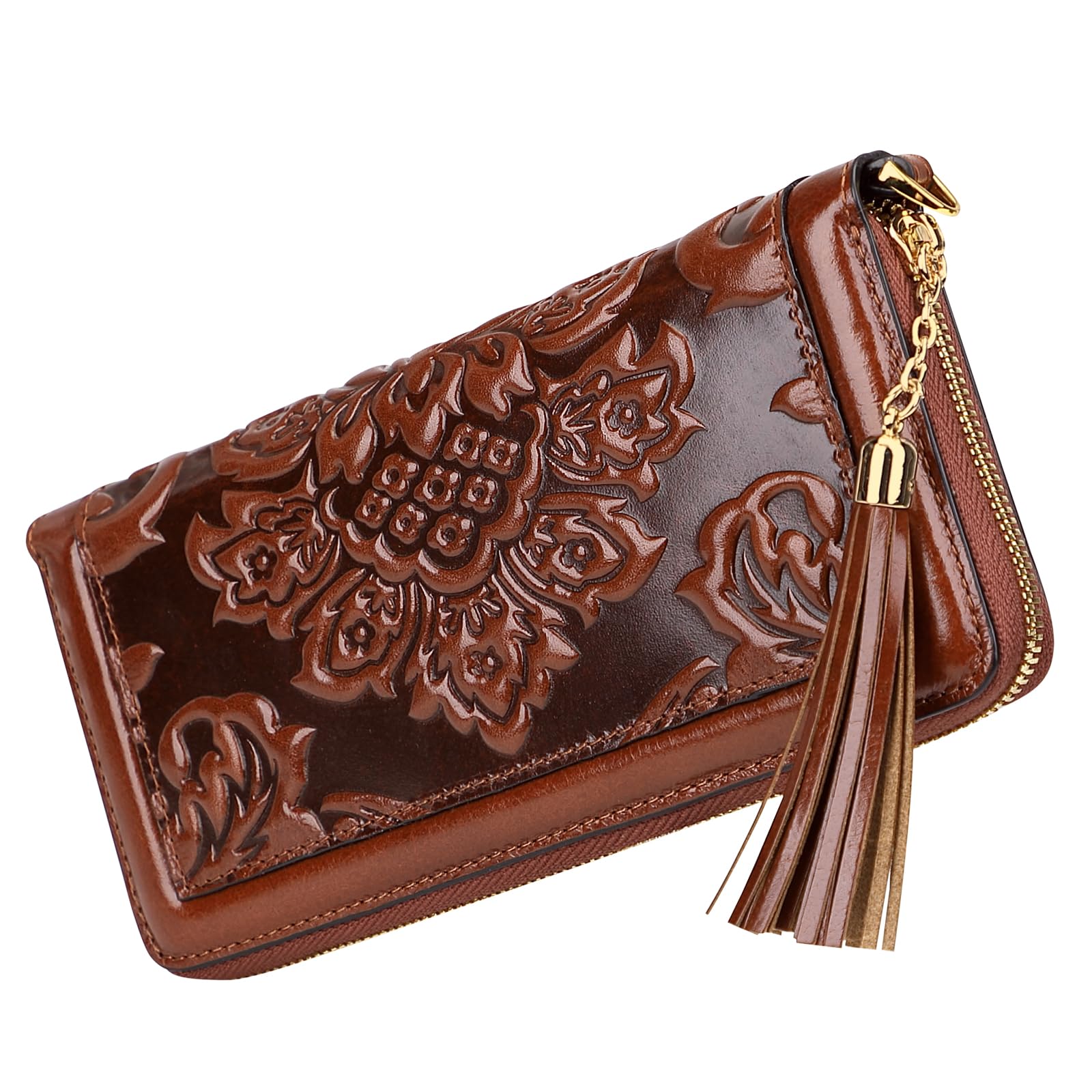 PIJUSHI Leather Wallets For Women Floral Wristlet Wallet Card Holder Purse (91853 Brown)