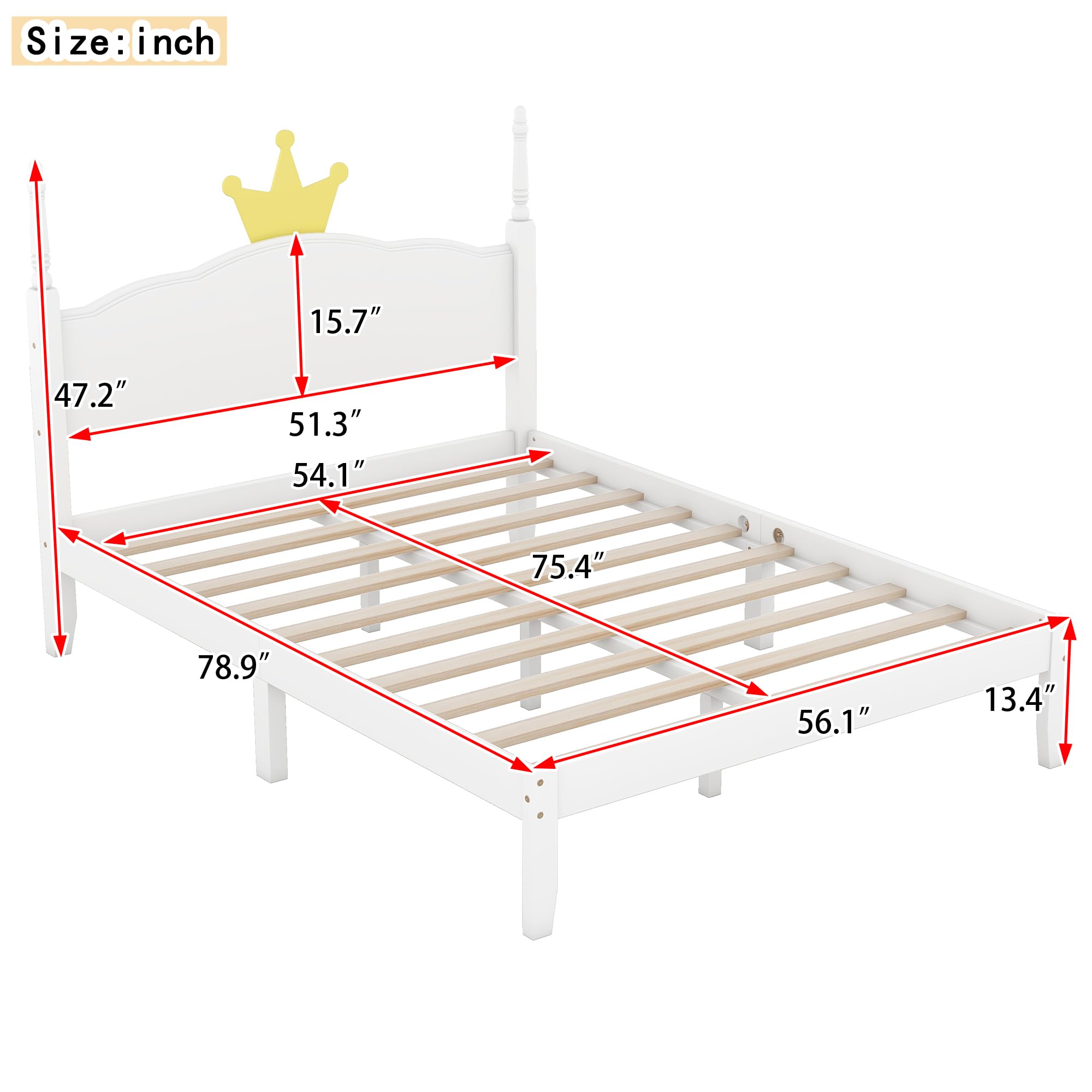 Rhomtree Full Bed Frame with Crown Shaped Headboard, Wood Full Size Platform Bed Frames with Headboard for Boy Girl Kids,No Box Spring Needed(White, Full)