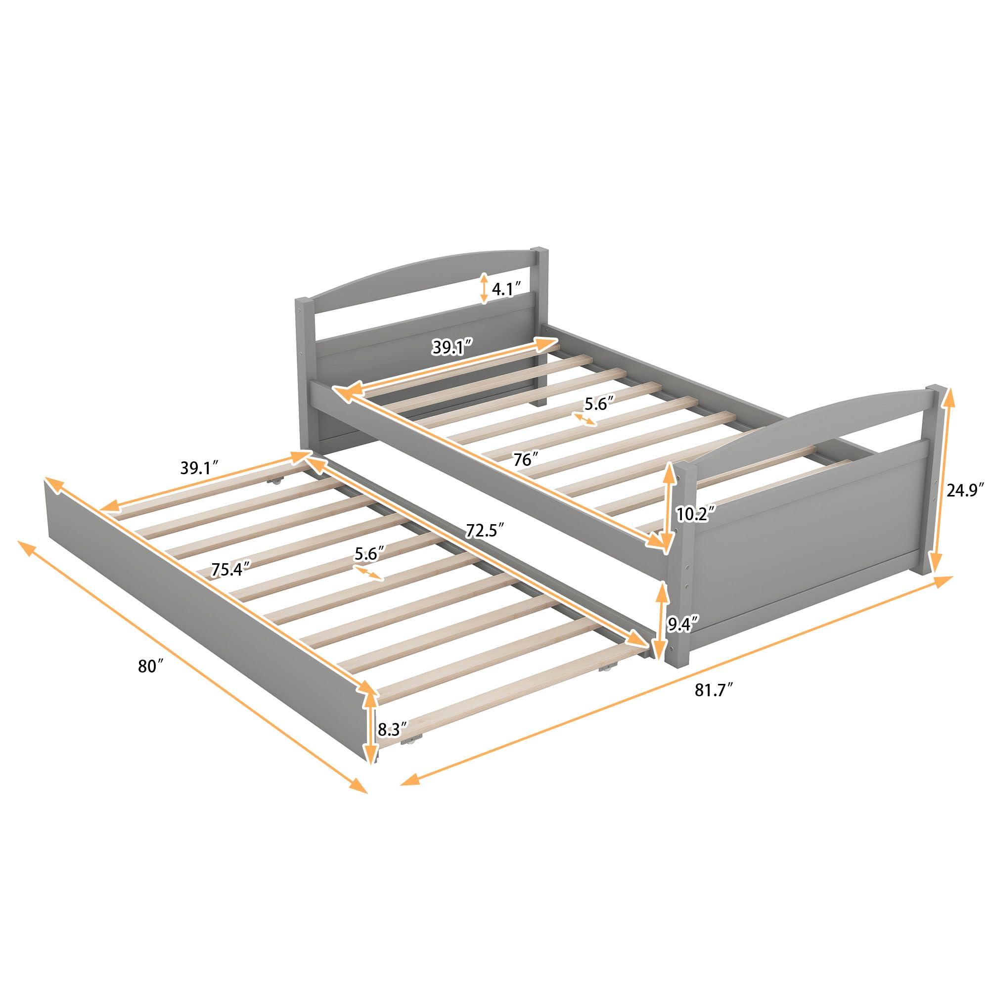 Rhomtree Twin Size Daybed with Trundle, Bed with Headboard, Wood Bed Frame, Platform Bed with Solid Construction, No Box Spring Needed(Gray, Twin)