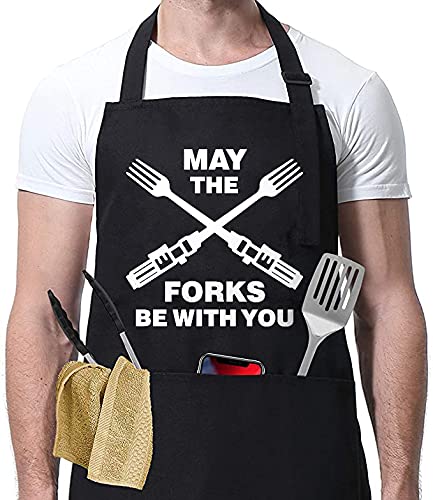 XBPDMWIN Funny Grill Aprons for Men - May The Forks Be With You - Men Aprons for Cooking Funny - Men’s Funny Chef Cooking Grilling BBQ Aprons - Star Fathers Day Gifts for Dad, Husband, Movie Fans