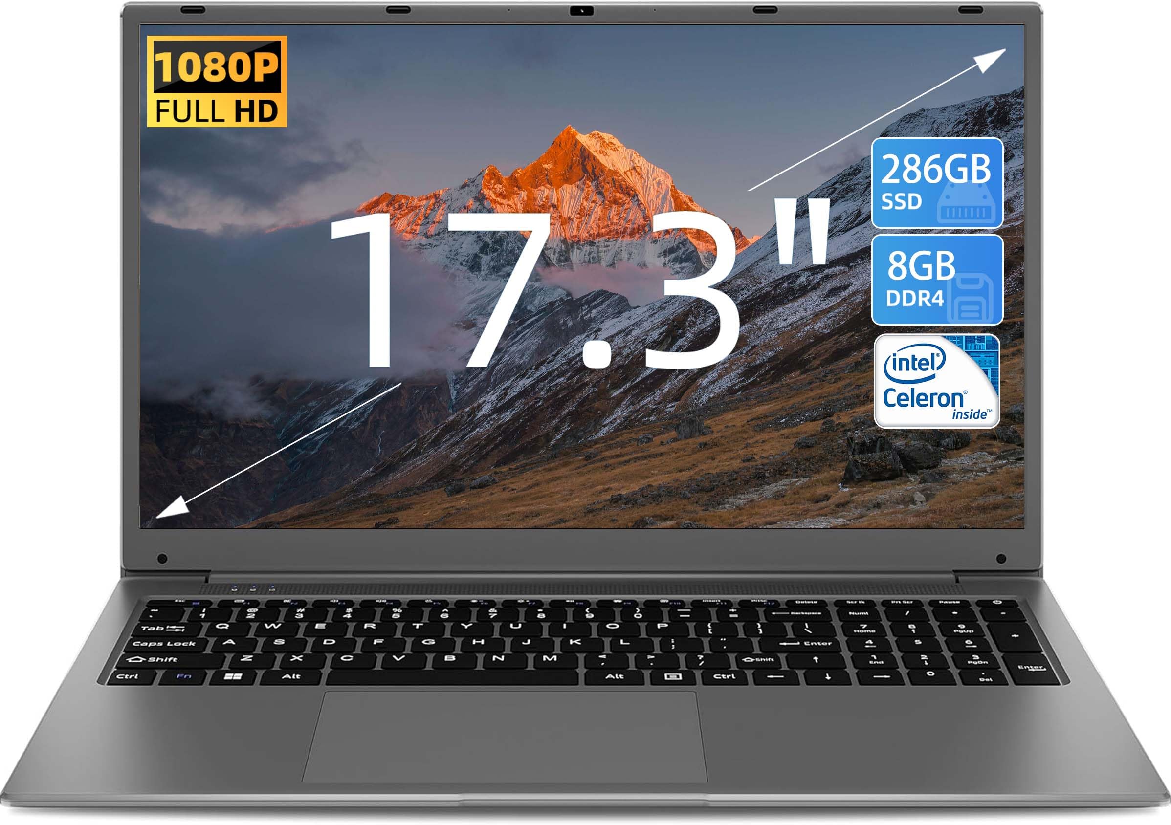 SGIN Laptop, 17 Inch IPS Full HD Display Laptops Computer, 8GB RAM 256GB SSD Windows 11 Notebook with Intel Celeron Quad-core Processor, Mini HDMI, Webcam, Wi-Fi, Expandable Storage 512GB TF (Gray)
