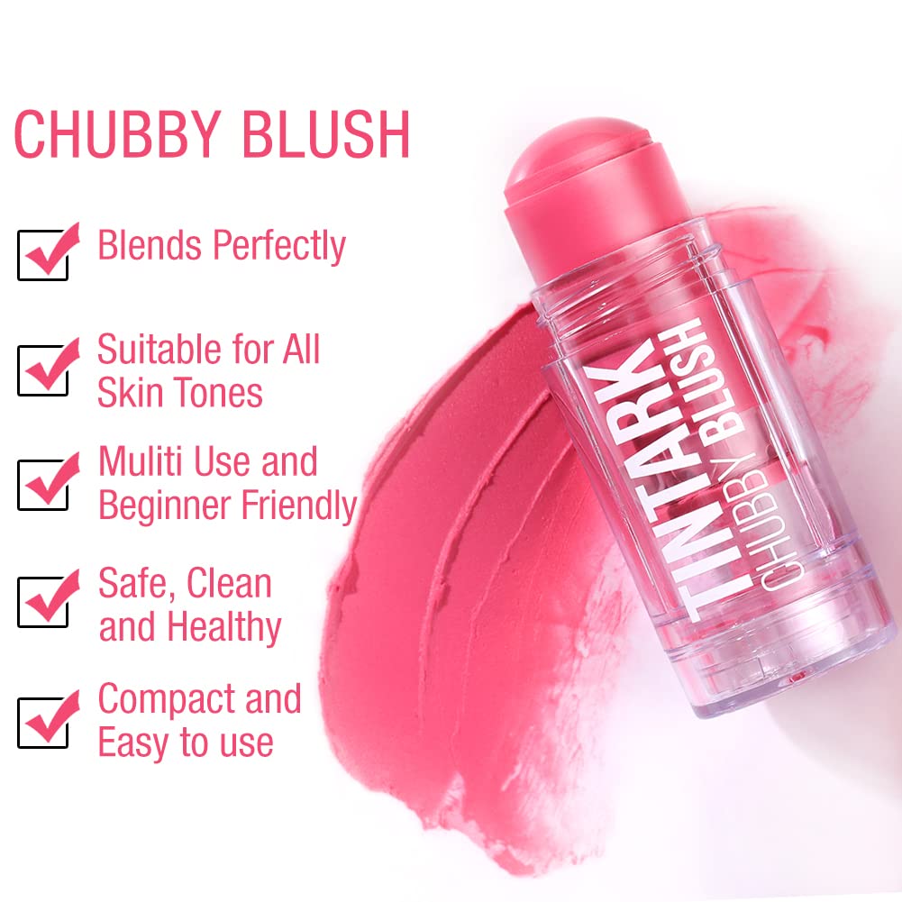 TINTARK Chubby Cream Blush Stick for Face Cheek Lip Eye, Light Translucent Color for Fair Skin, Velvet Mousse Texture, Natural Pink Magenta Peach Red Matte Makeup Blusher, Vegan Cruelty Free