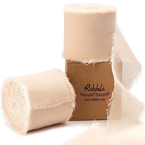 Ribbli Champagne Chiffon Ribbon 2 Inch x 20 Yard Handmade Fringe Chiffon Silk Ribbon Nude Ribbon for Gifts Wrapping, Wedding Invitations, Bridal Bouquets, Flower Arrangement