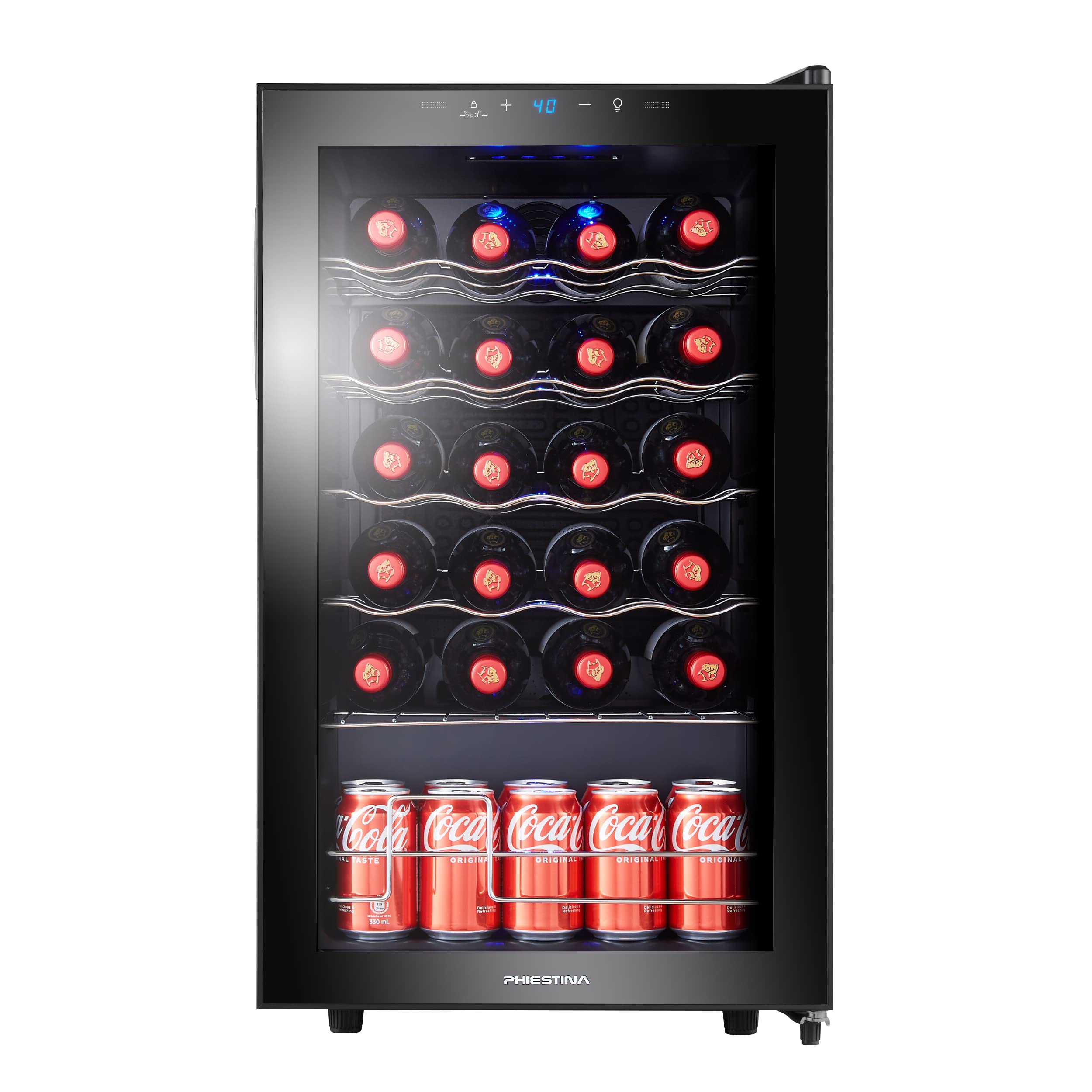 Phiestina Wine Cooler Beverage Refrigerator Freestanding Wine Refrigerator,24 Bottles or 20 Bottles 14 cans Beer Fridge,Removable Shelves Interior Lighting Digital Touch Control for Home/Bar/Office