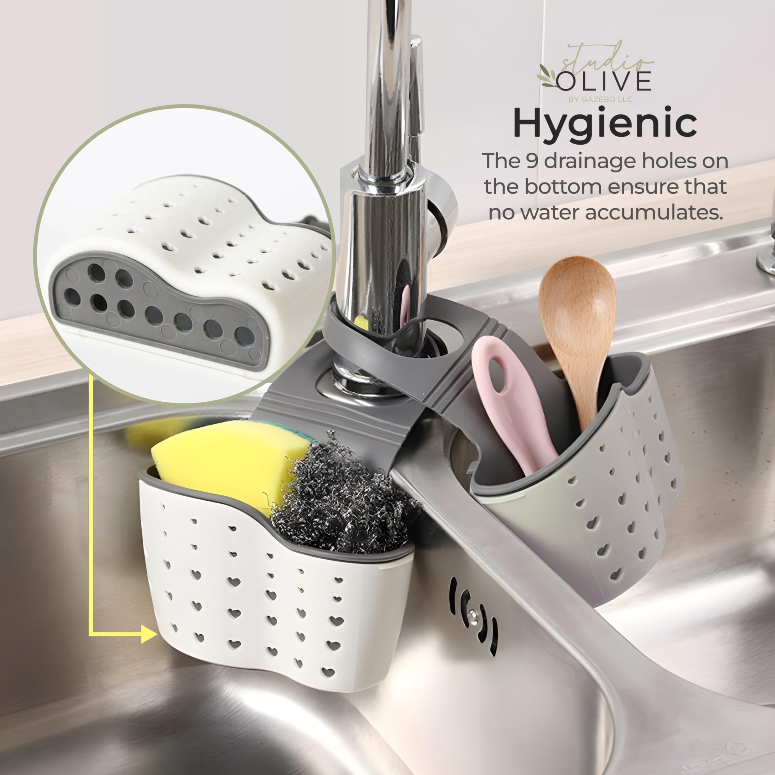 Sponge Holder for Kitchen Sink to Hang from the Faucet. Modern Adjustable Kitchen Sink Sponge Holder with Drain Holes For Drying.