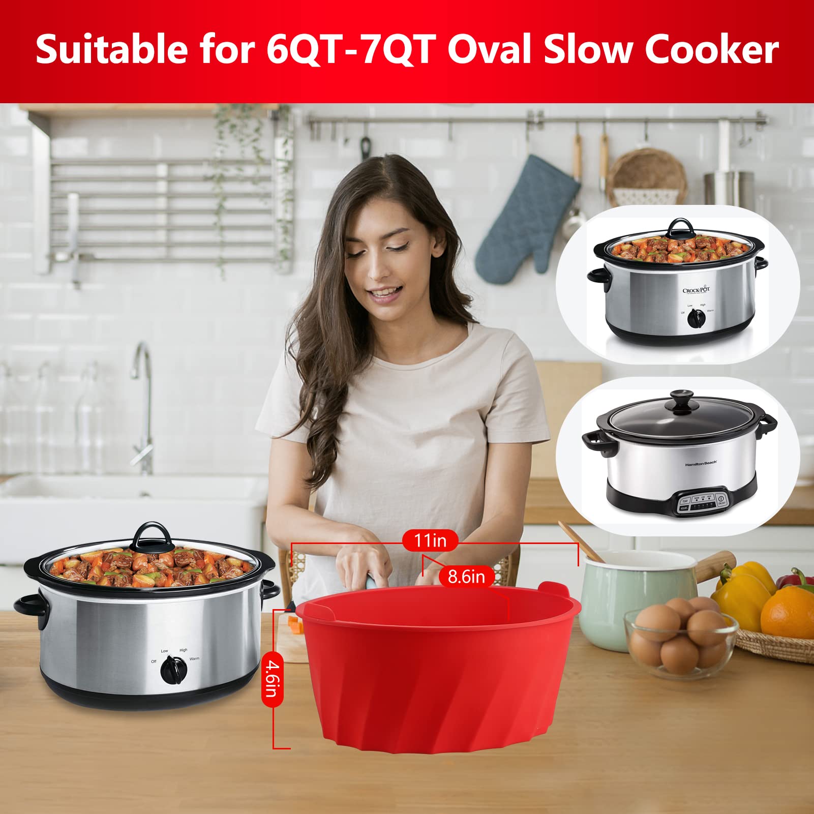 Silicone Slow Cooker Liners,HOUPEACE Reusable&Leekproof Cooking Liners with Mitts Fit for 6QT Oval Crock-Pot,Hamil-ton Beach Slow Cooker