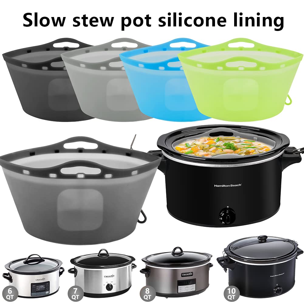 Silicone Slow Cooker Liners Fit 6-7-8-10 Quarts, Reusable Slow Cooker Liners with Buttons and Hooks (2, Blue+Black)