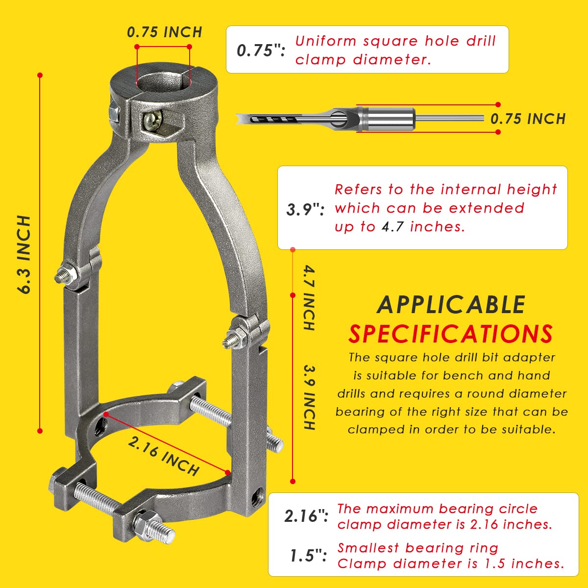 Square Hole Drill Bit Adapter for Easy Installation and Disassembly - Mortising Attachment for Drill Press, Mortise Machine, Power Tool Accessory for Drill Machines