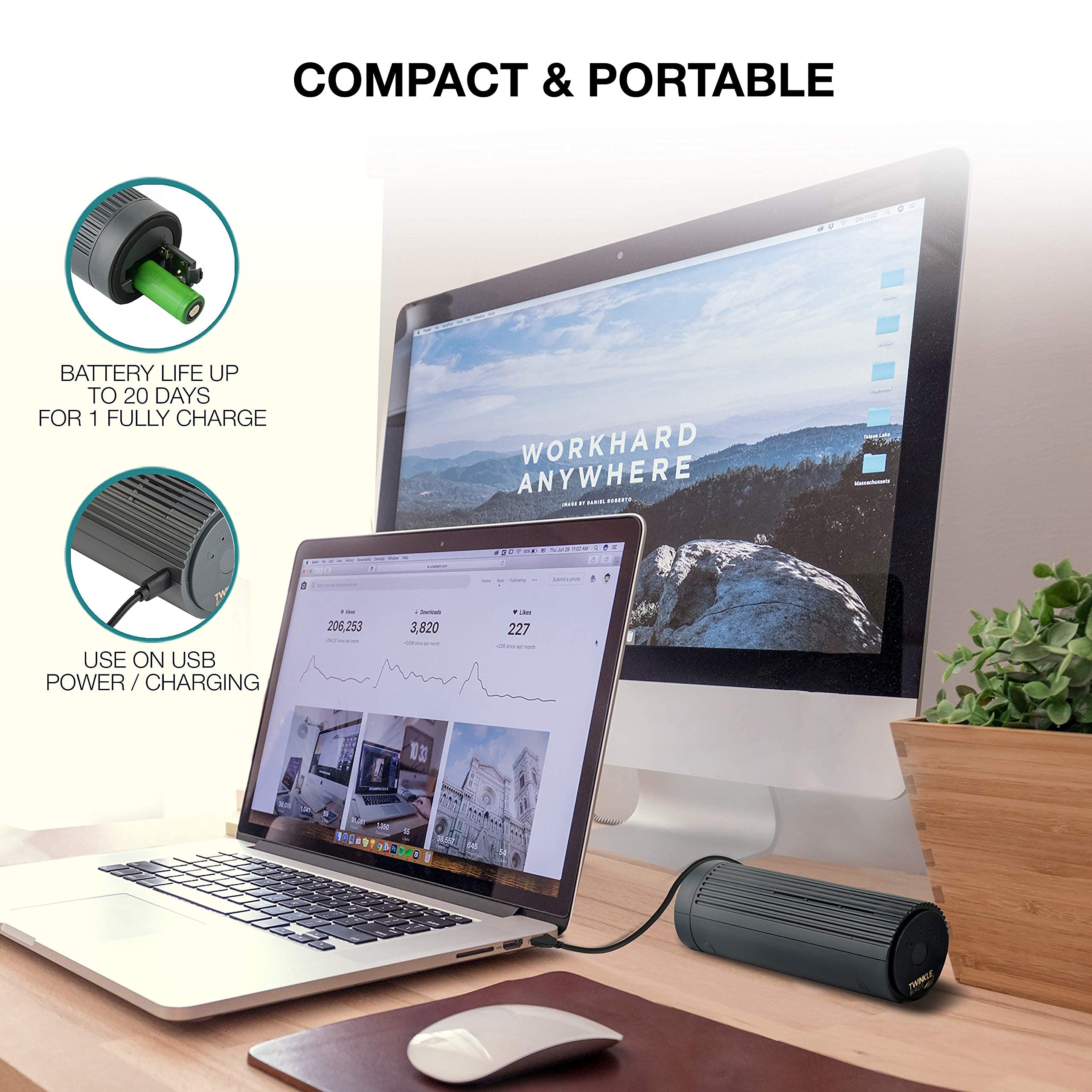 Portable Ozone Air Purifier - Travel Size Air Cleaner Ionizer - Rechargeable Anti-Microbial Ionizer for Car, Travel, Kitchen, Fridge - Dark Grey